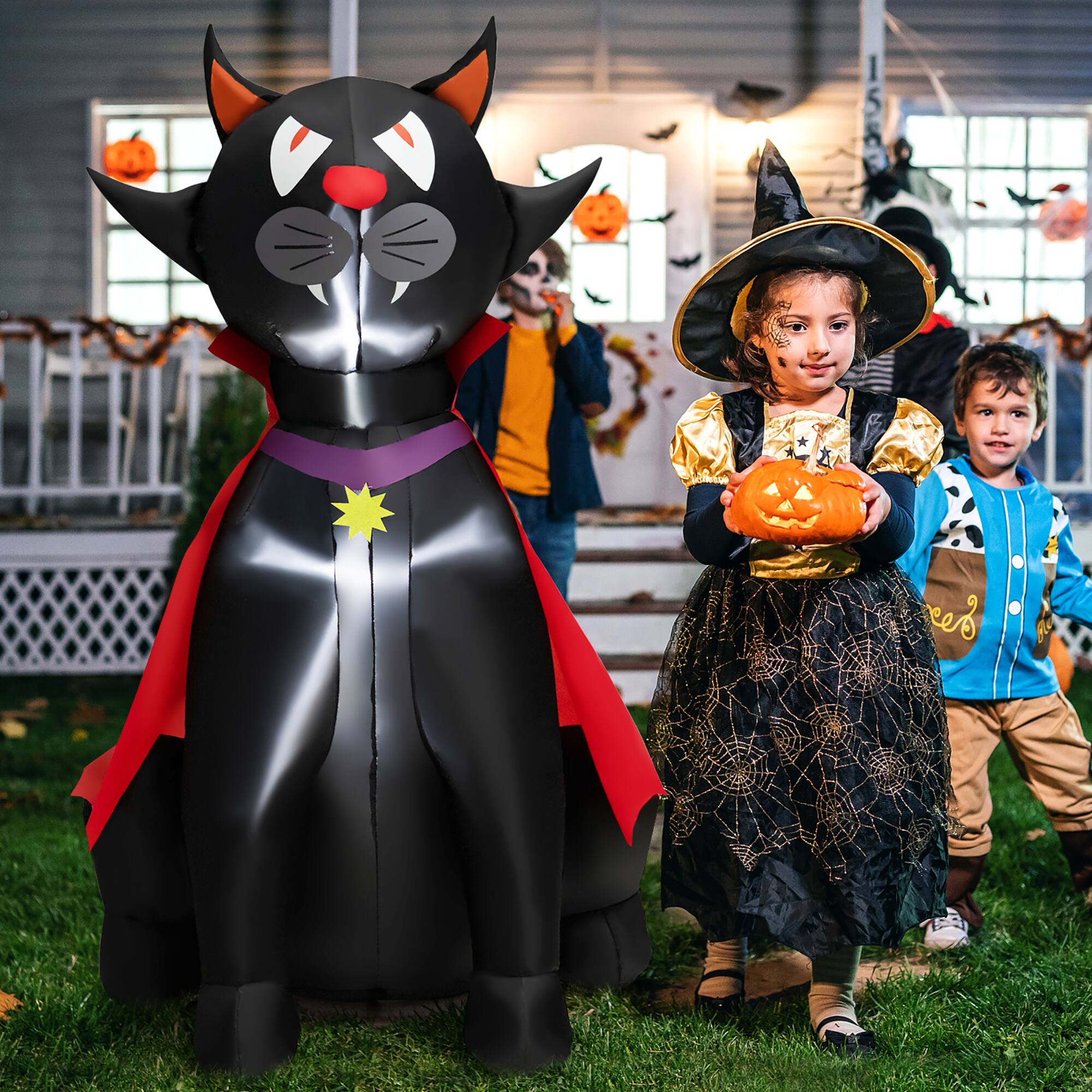 Costway 4.7FT Halloween Inflatable Vampire Black Cat with Red Cloak Blow up Decoration Black,Red ...