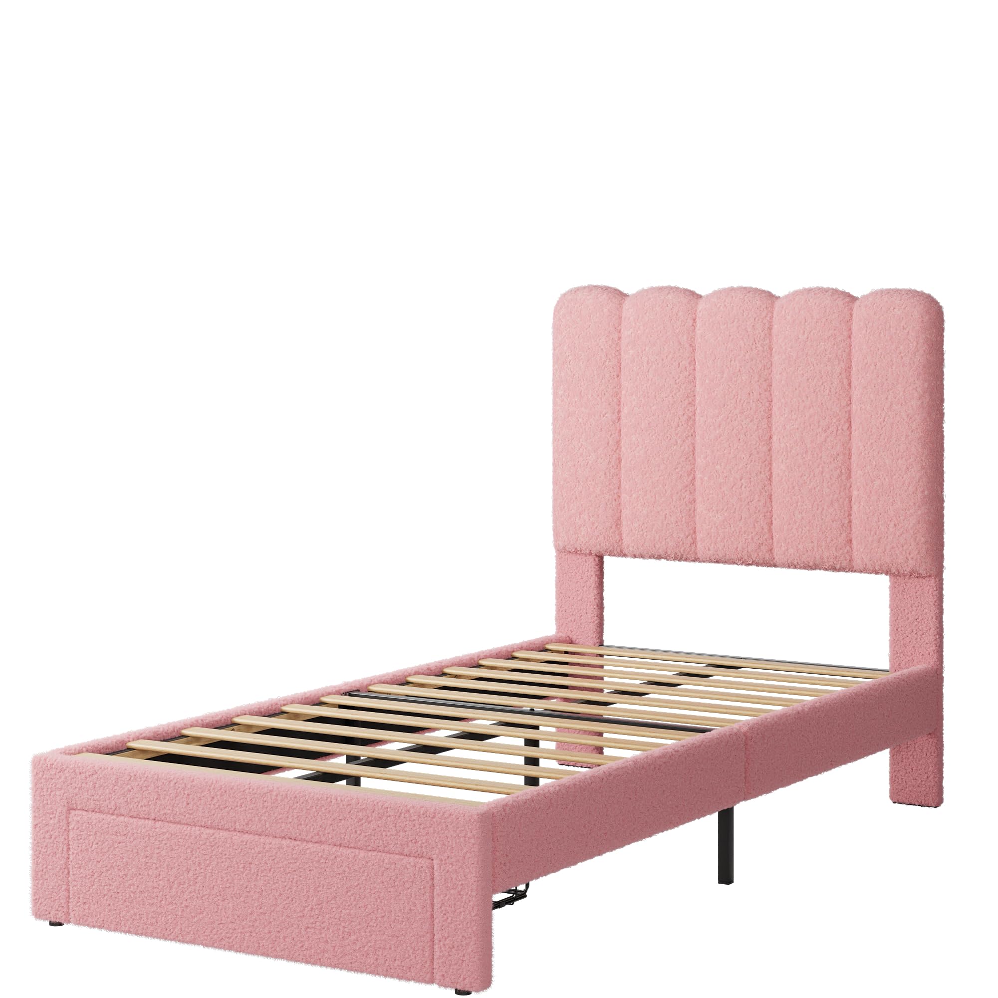 Homhougo Twin Bed Frame with Under Bed Drawer, Boucle Upholstered ...