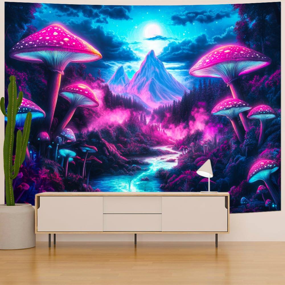 Dapper Styles Blacklight Mushroom Tapestry Uv Reactive Mountain ...