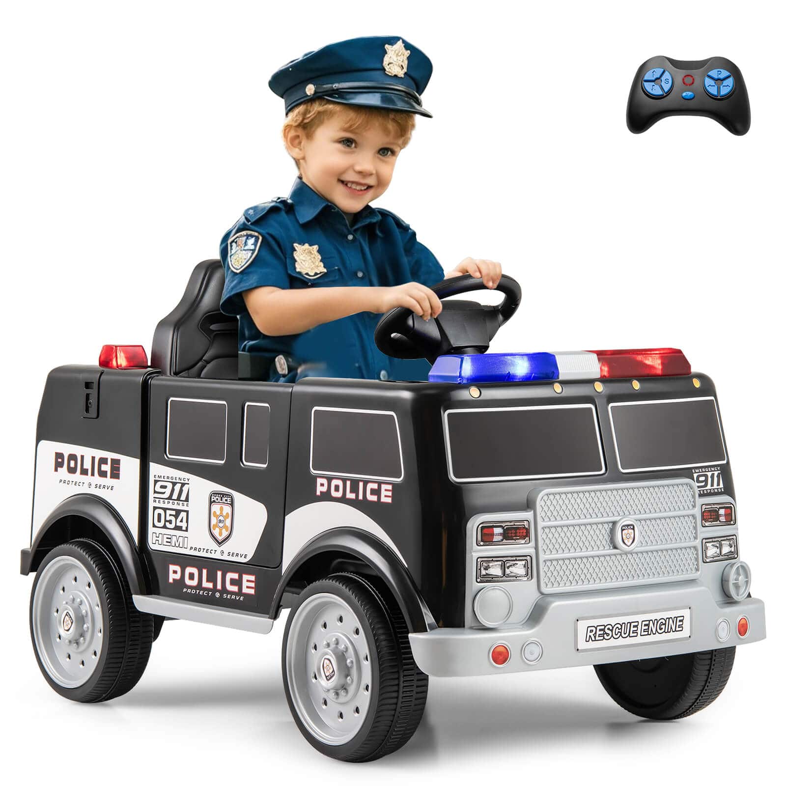 Costway Kids Ride on Police Car with 3 Speeds Megaphone Music FM Radio Flashing Lights - Black ...