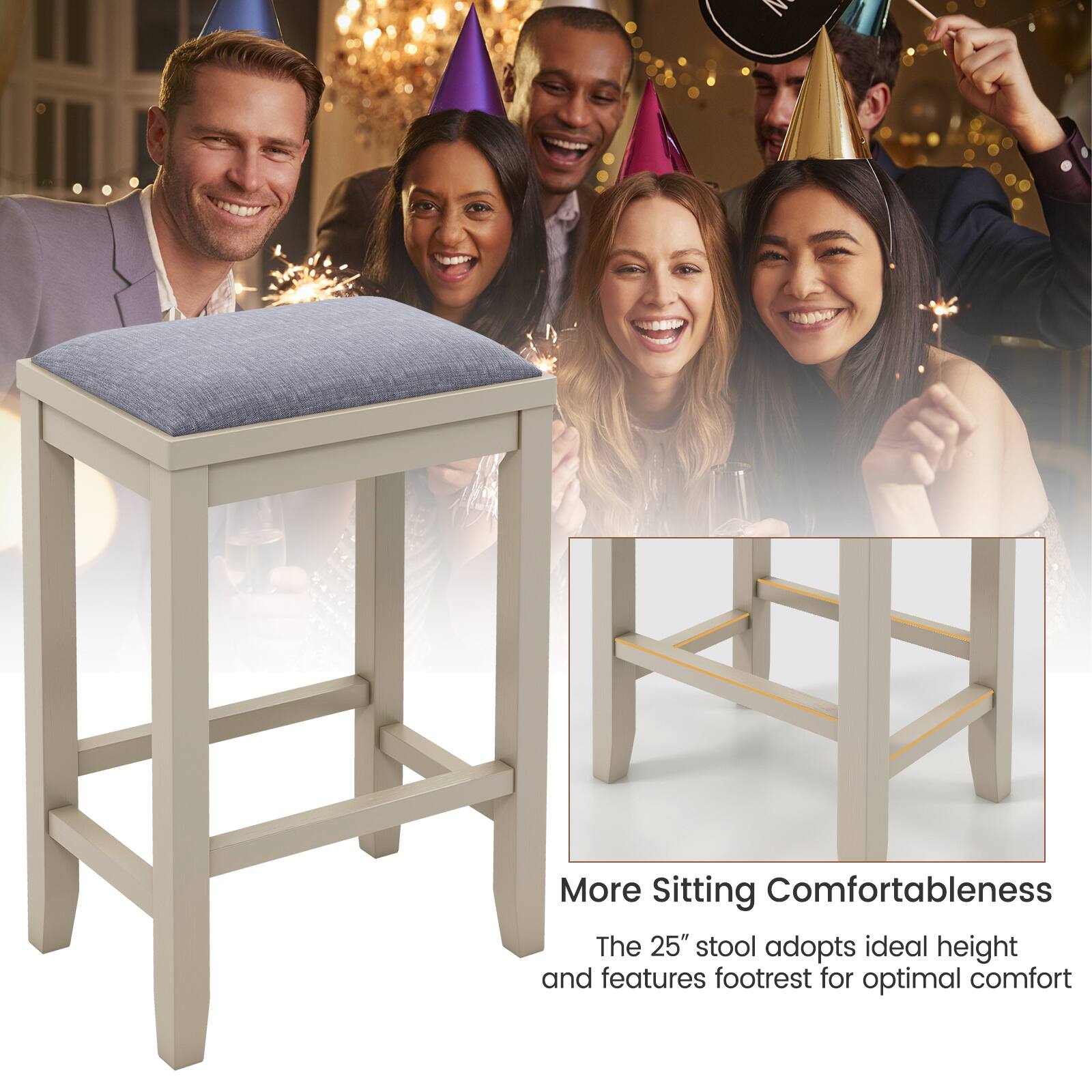 Gymax 4 PCS Upholstered Bar Stools Wooden Counter Height Chairs Dining ...