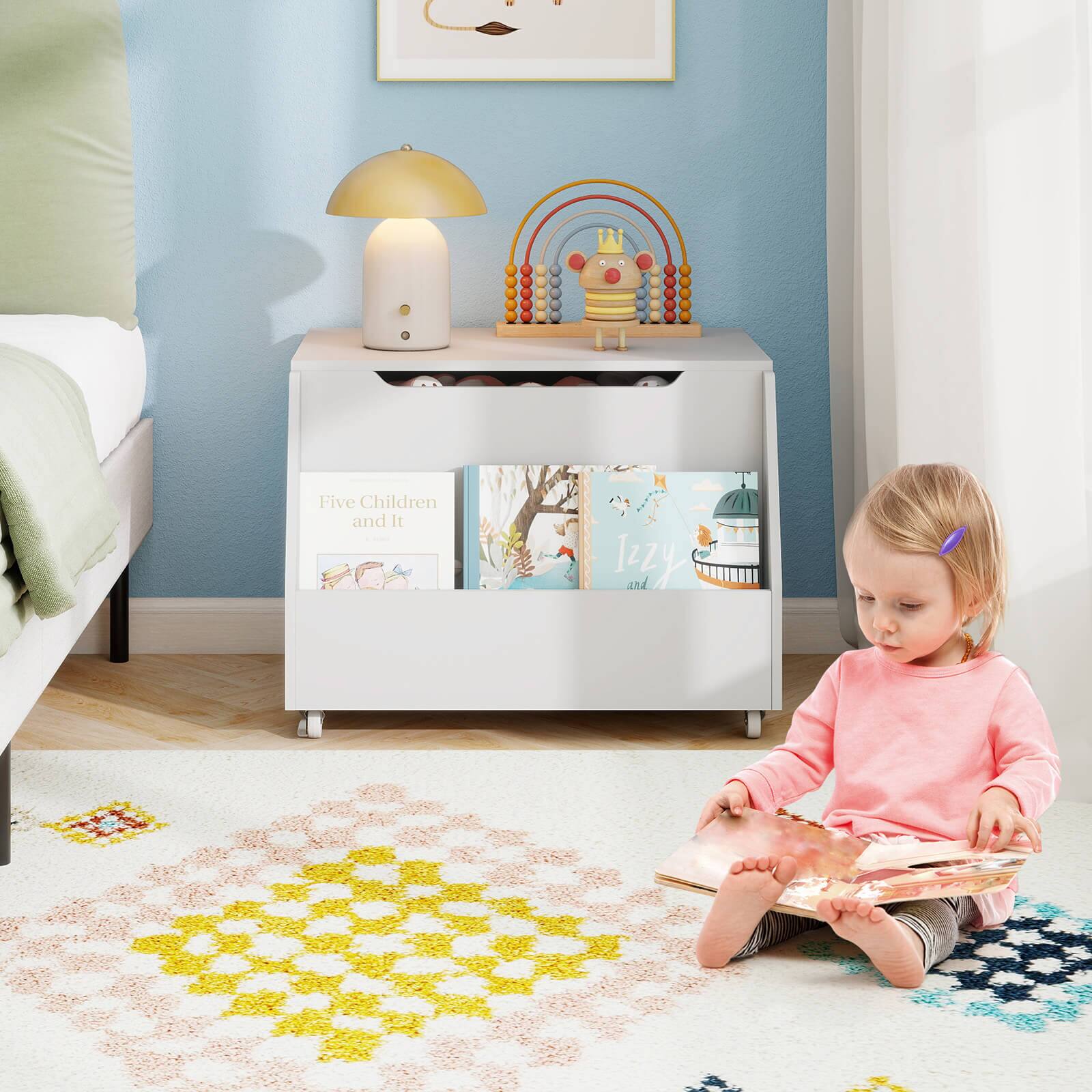 Costway Kids Toy Box Wooden Mobile Toy Storage Organizer with Bookshelf ...