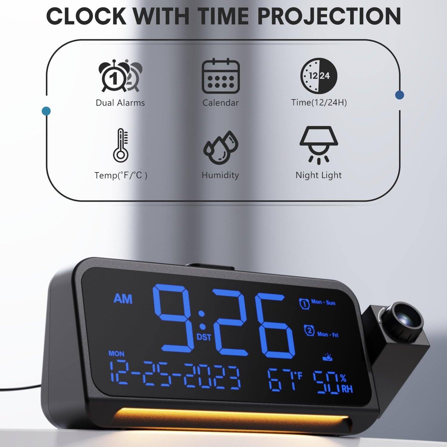 Dazzed Corner Projection Alarm Clock,Digital Clock Projector,Type C USB ...