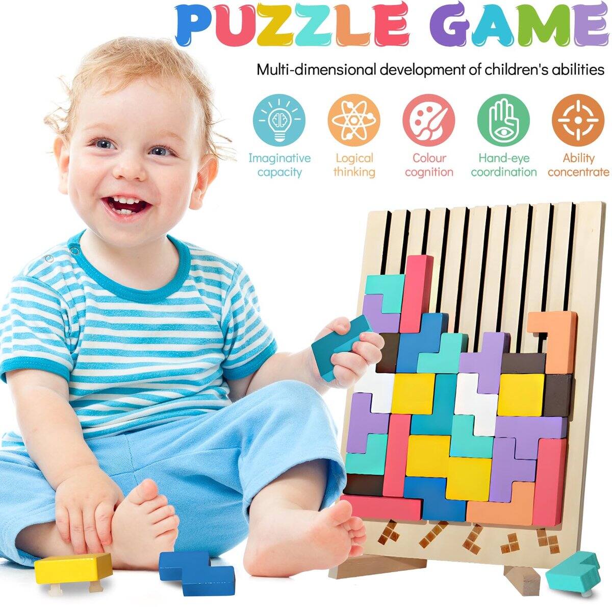 Auledio Wooden Jigsaw Puzzles Montessori Toys, Colorful Geometric ...