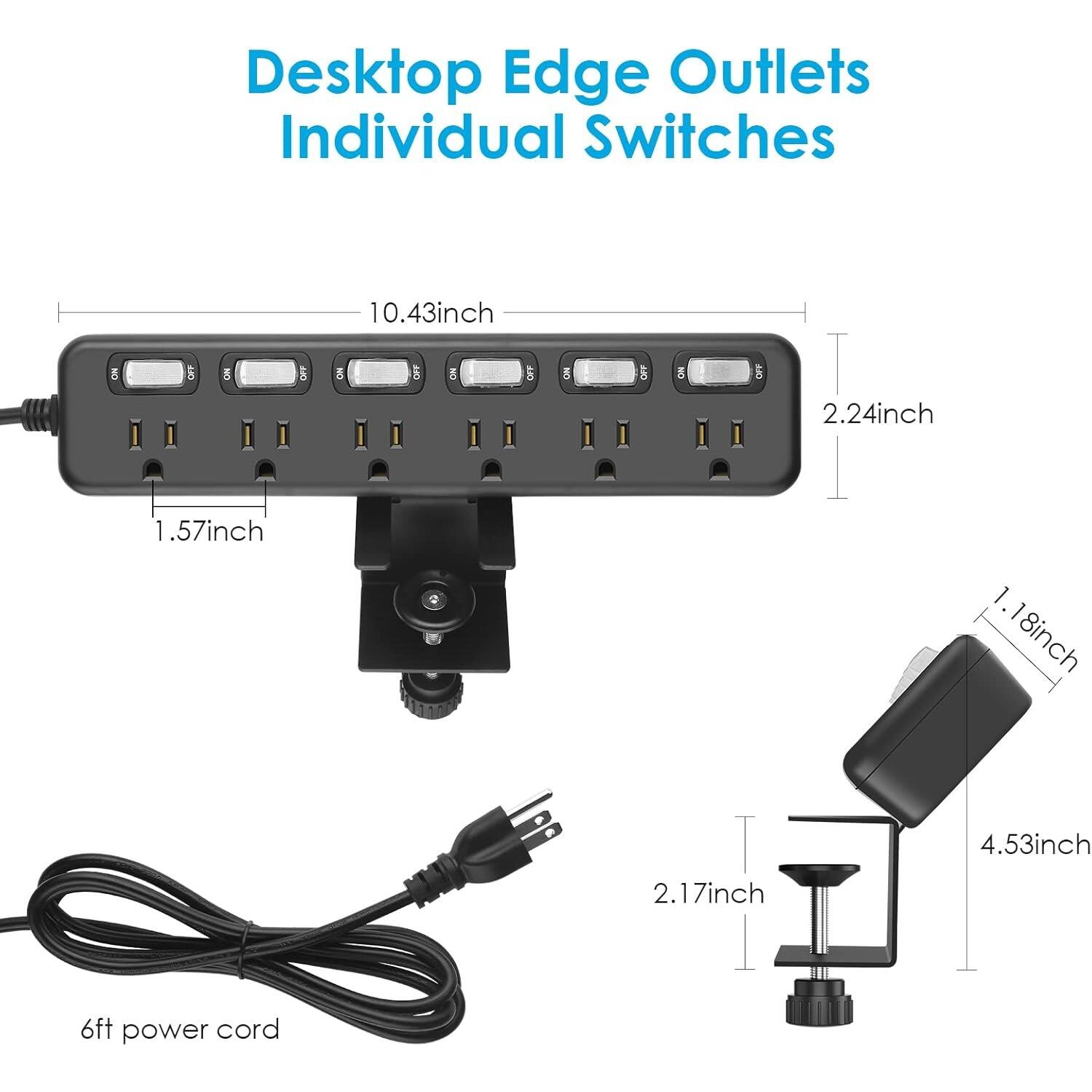 PARKER SLATER Desk Clamp Power Strip with 6 Outlets, Individual ...