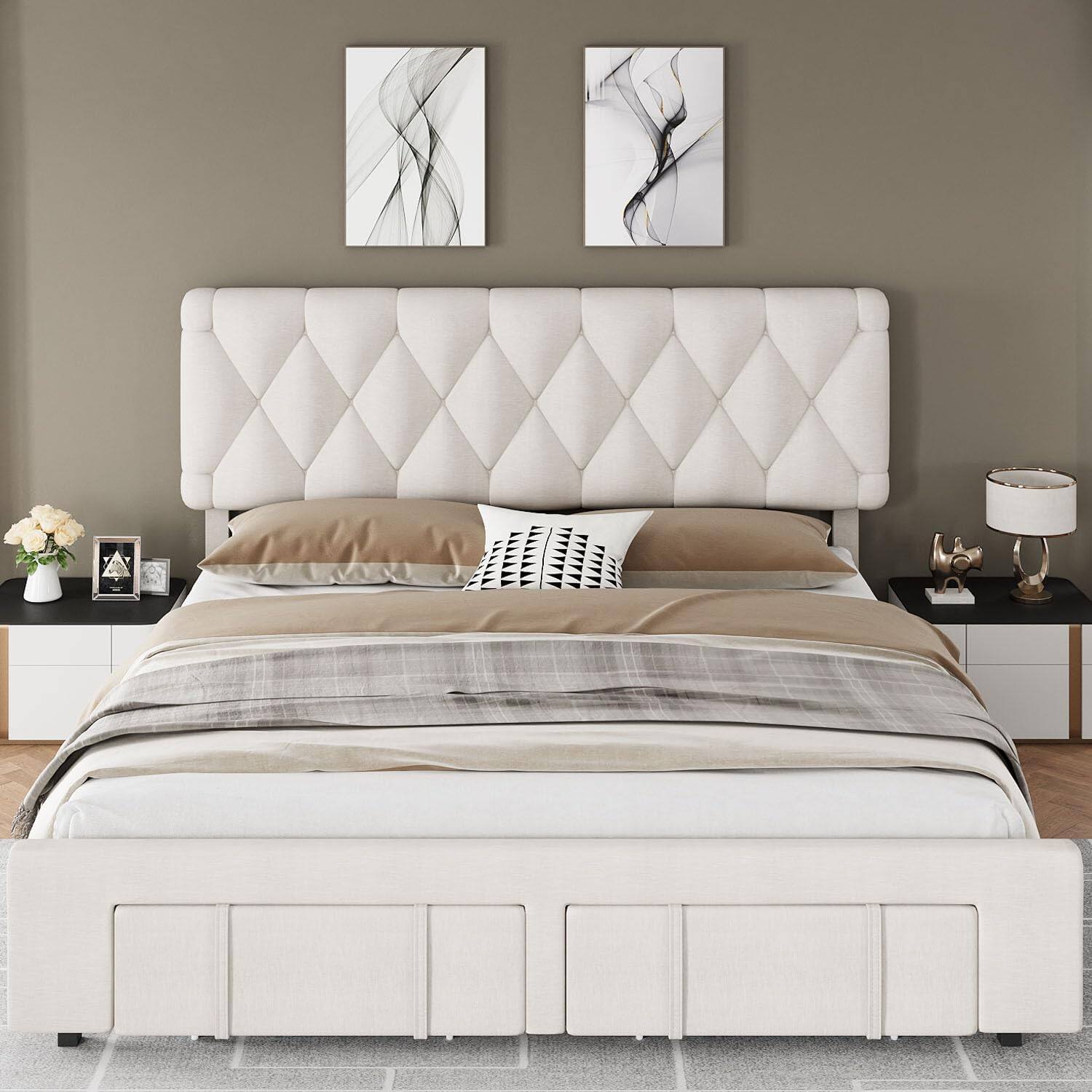 Jojoka King Upholstered Platform Bed Frame with Storage Drawers ...