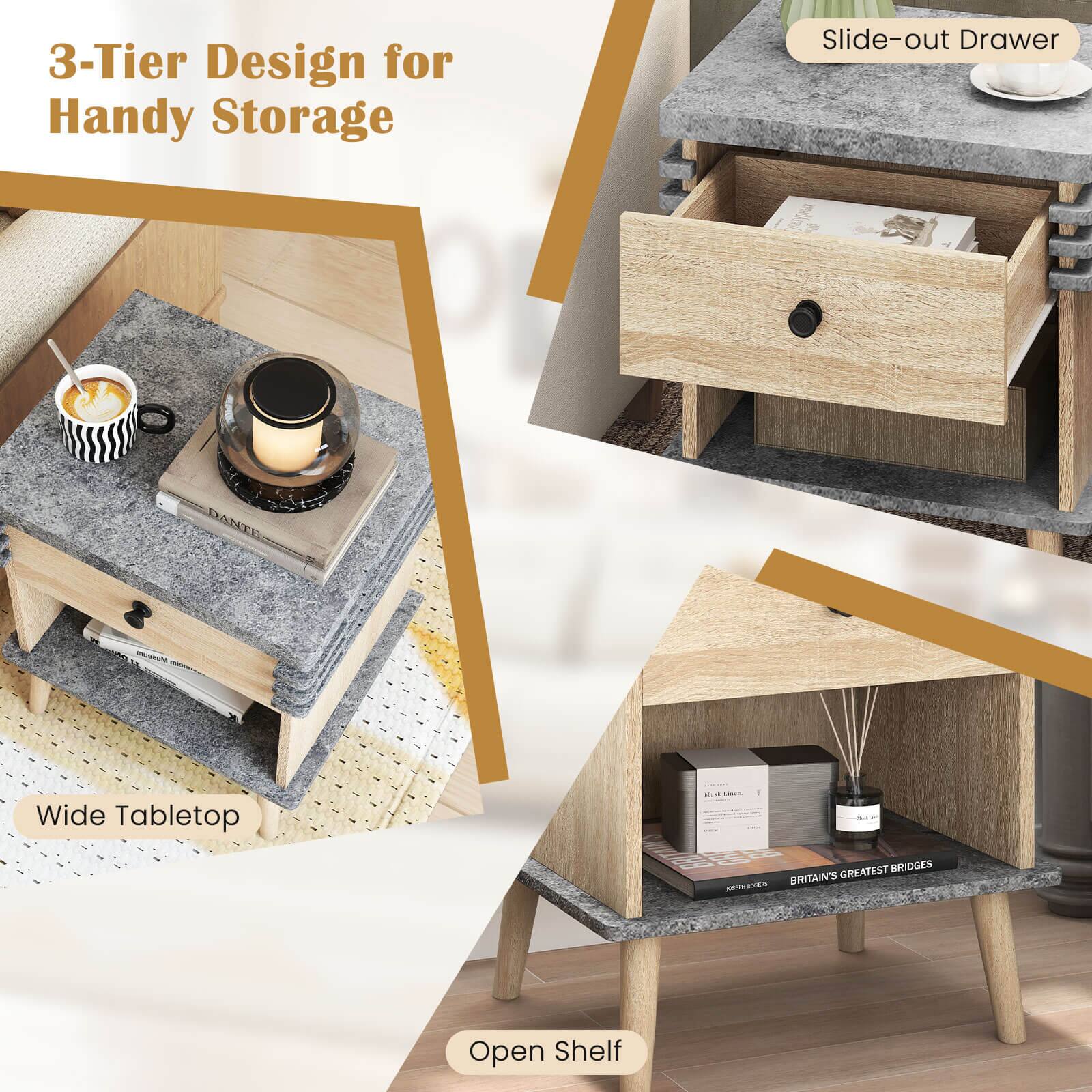 Costway 2 PCS 3 Tier Bedside Table with Antique Grey Faux Marble Top ...