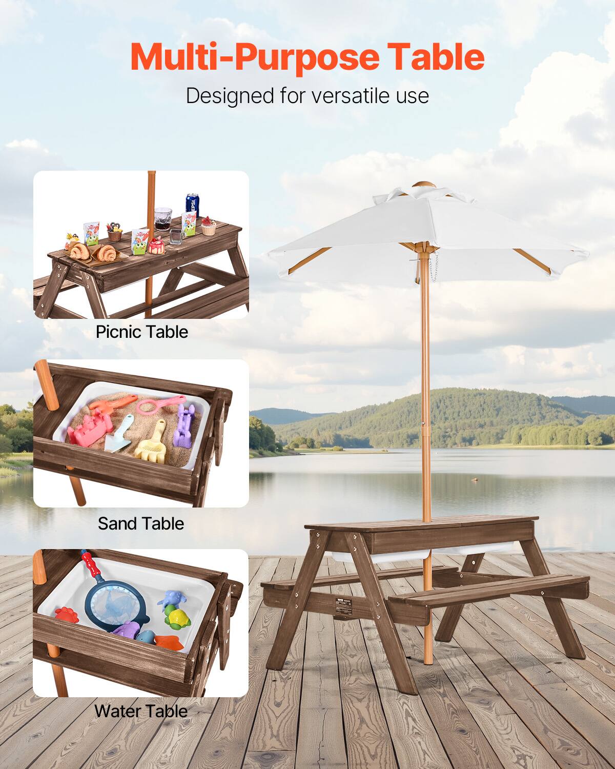 VEVOR Kids Picnic Table with Umbrella, 3 in 1 Sand & Water Table ...