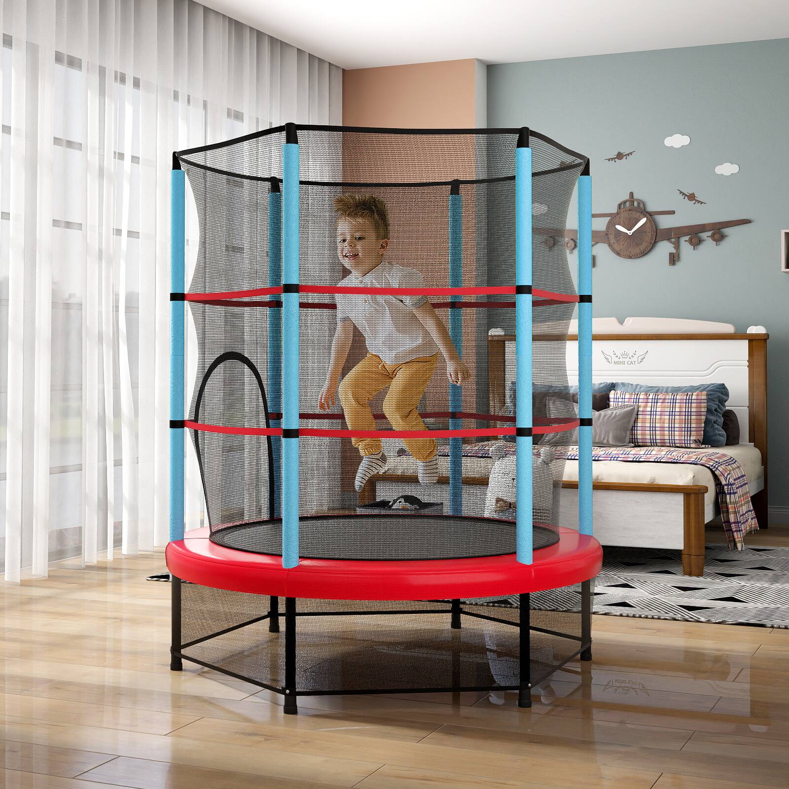 Gymax 55'' Mini Trampoline for Kids w/ Safety Enclosure Net & Seamless ...