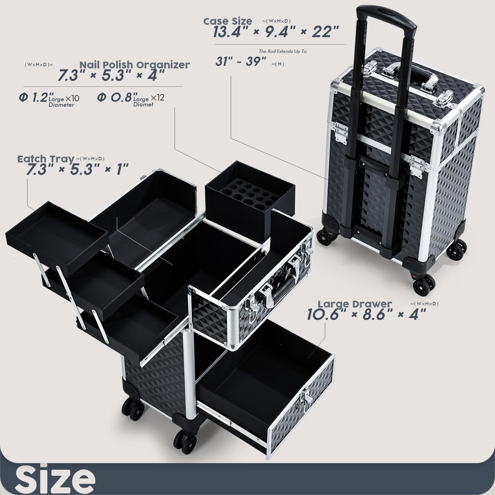 JETRANSPORT Rolling Makeup Case Travel Trolley Storage Sliding Drawer 4 ...