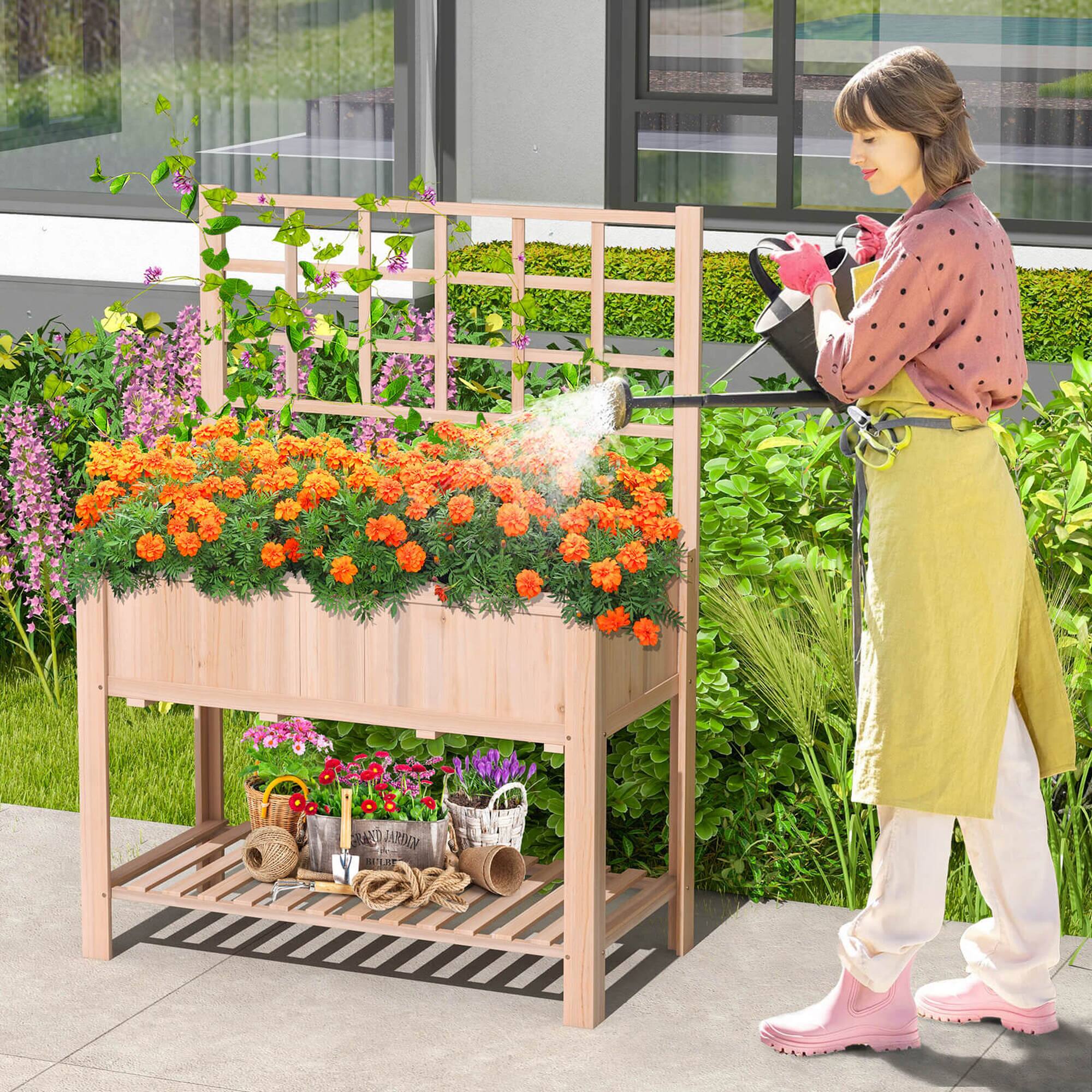 Costway Raised Garden Bed Elevated Wooden Planter Box with Trellis ...