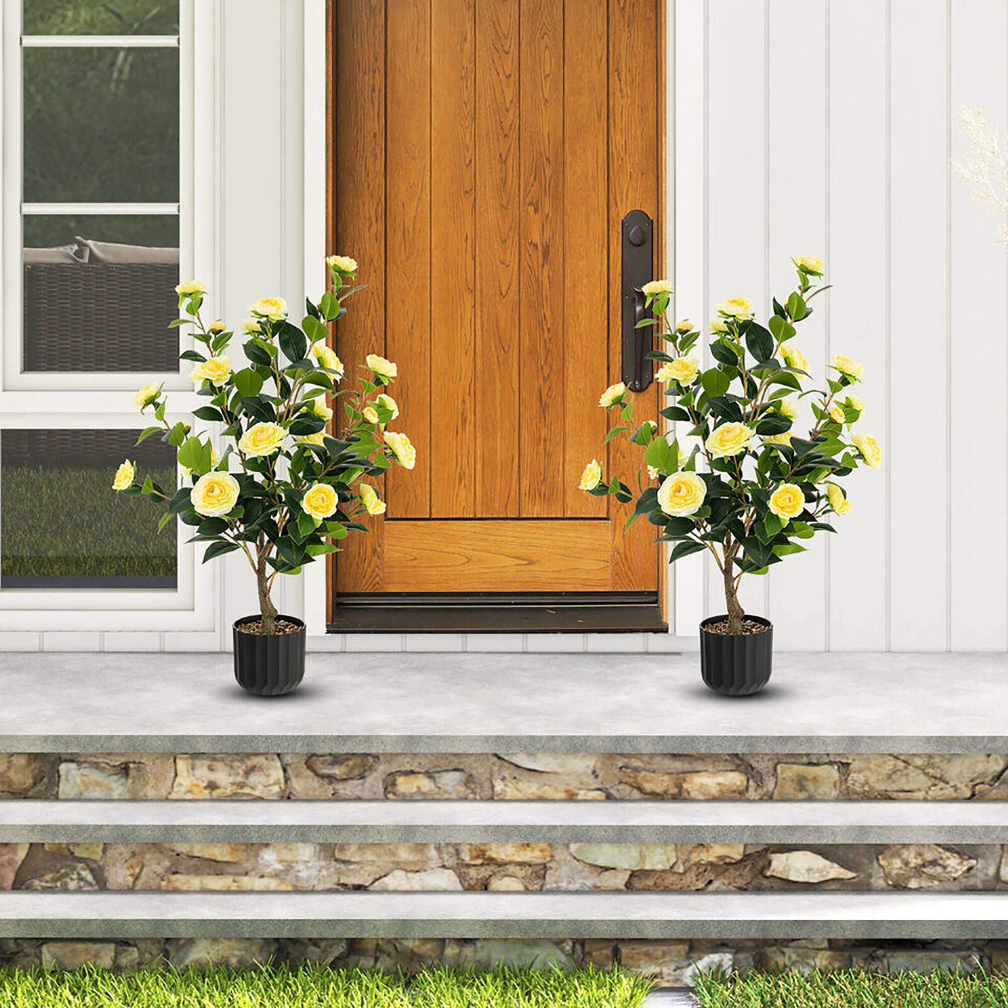 Gymax 2 Pack 38'' Artificial Camellia Tree Faux Floral Plant for ...