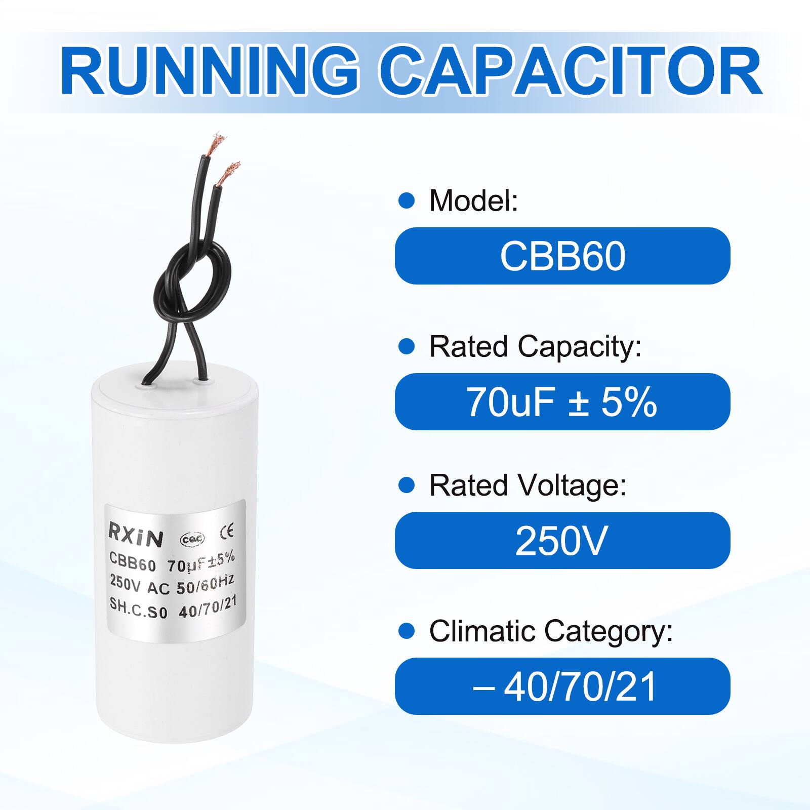Unique Bargains 2pcs 70uF CBB60 Running Capacitor, AC 250V Cylinder 2 ...