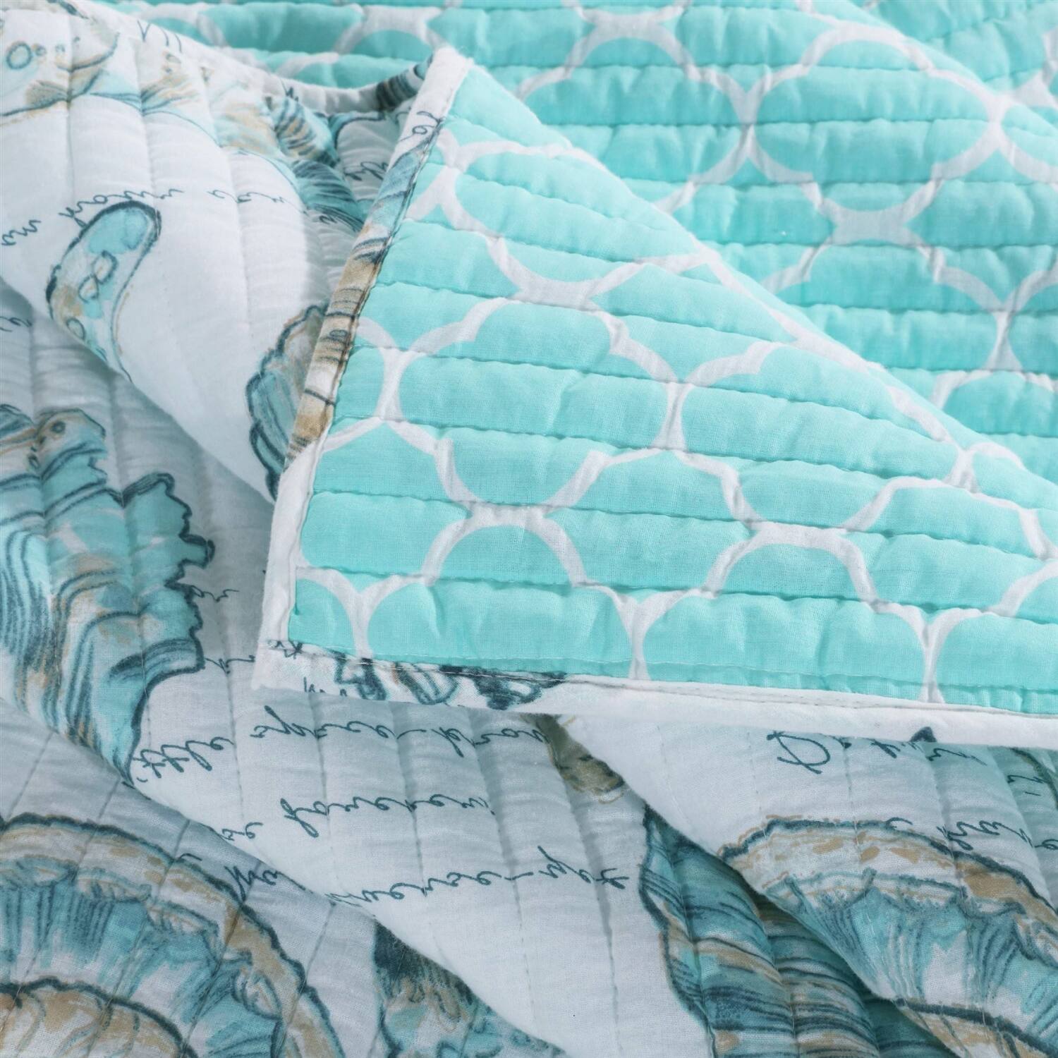 Hivvago Twin Coastal Seashells White Teal 2 Piece Polyester Reversible ...