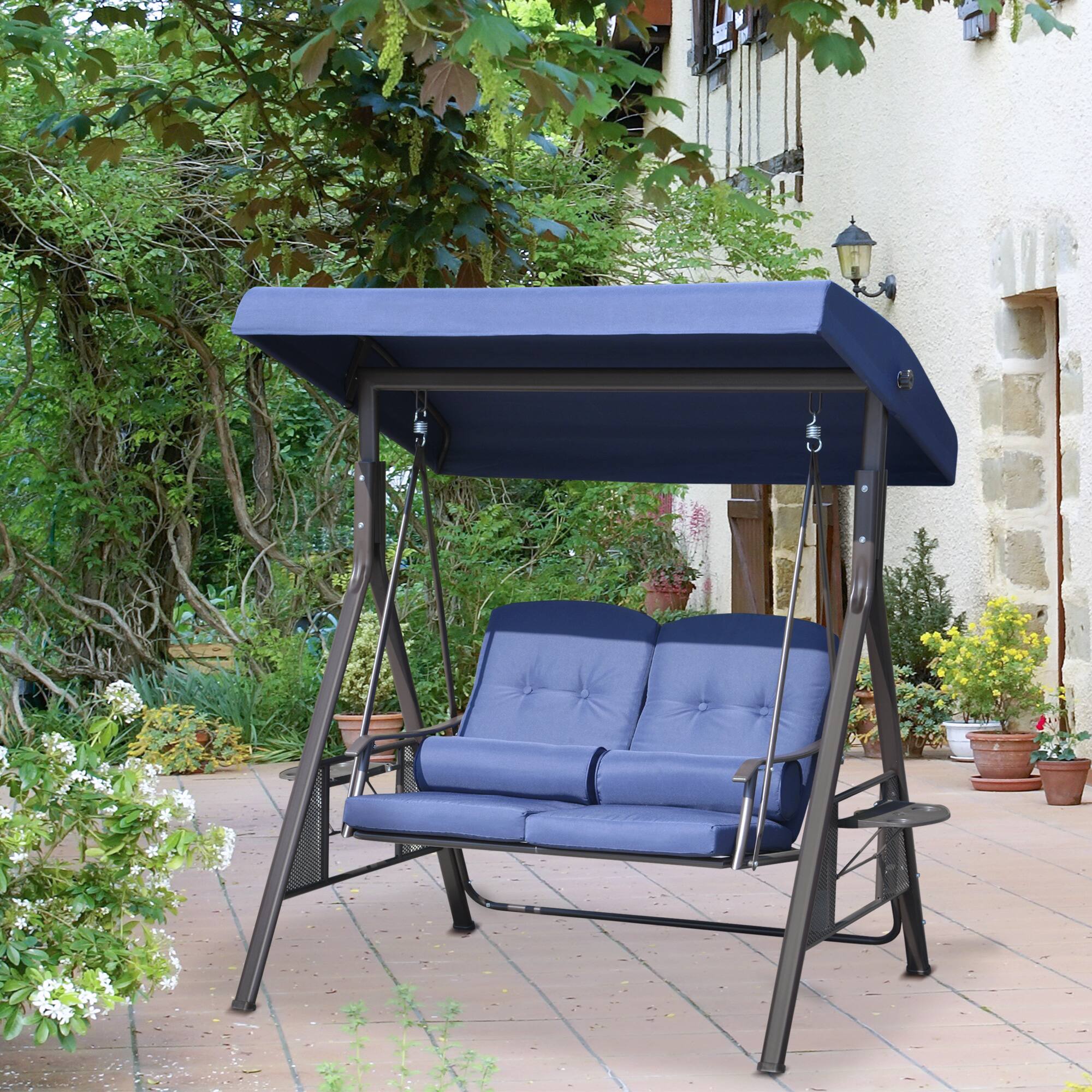Outsunny 2 Person Patio Swing Bench with Adjustable Shade Canopy Soft ...