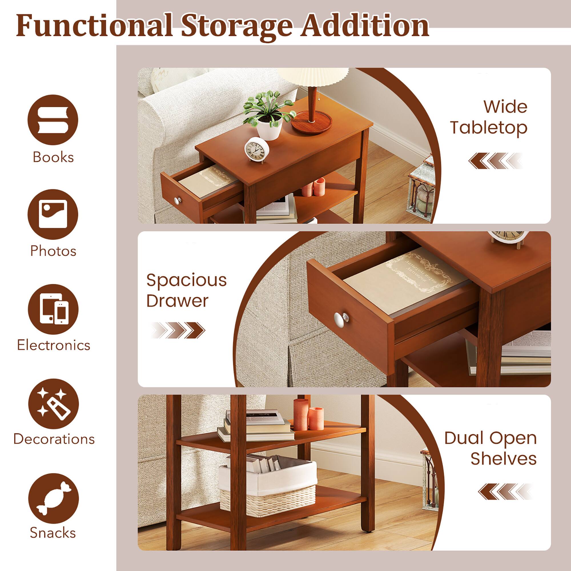 Gymax 2 PCS Narrow End Tables w/Drawer Shelves & Rubber Wood Legs Sofa ...