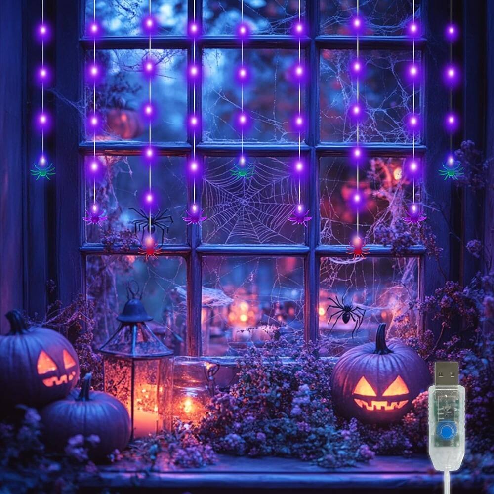 MOSZAR LLC Spider Curtain String Lights – 7.2 ft, 60 Purple LEDs, USB ...