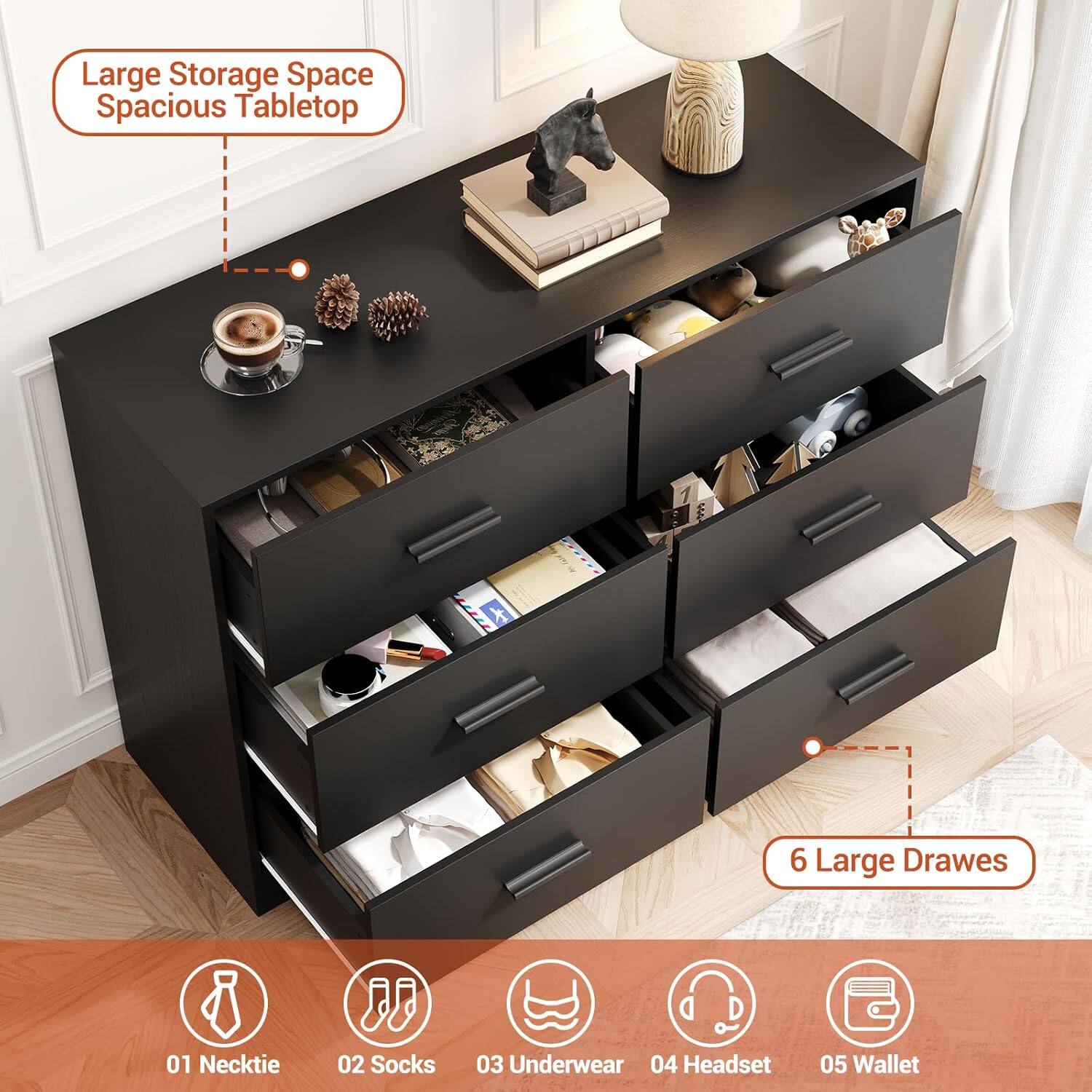 GARVEE Dresser for Bedroom with 6 Drawers, Modern Closet Dressers Chest ...