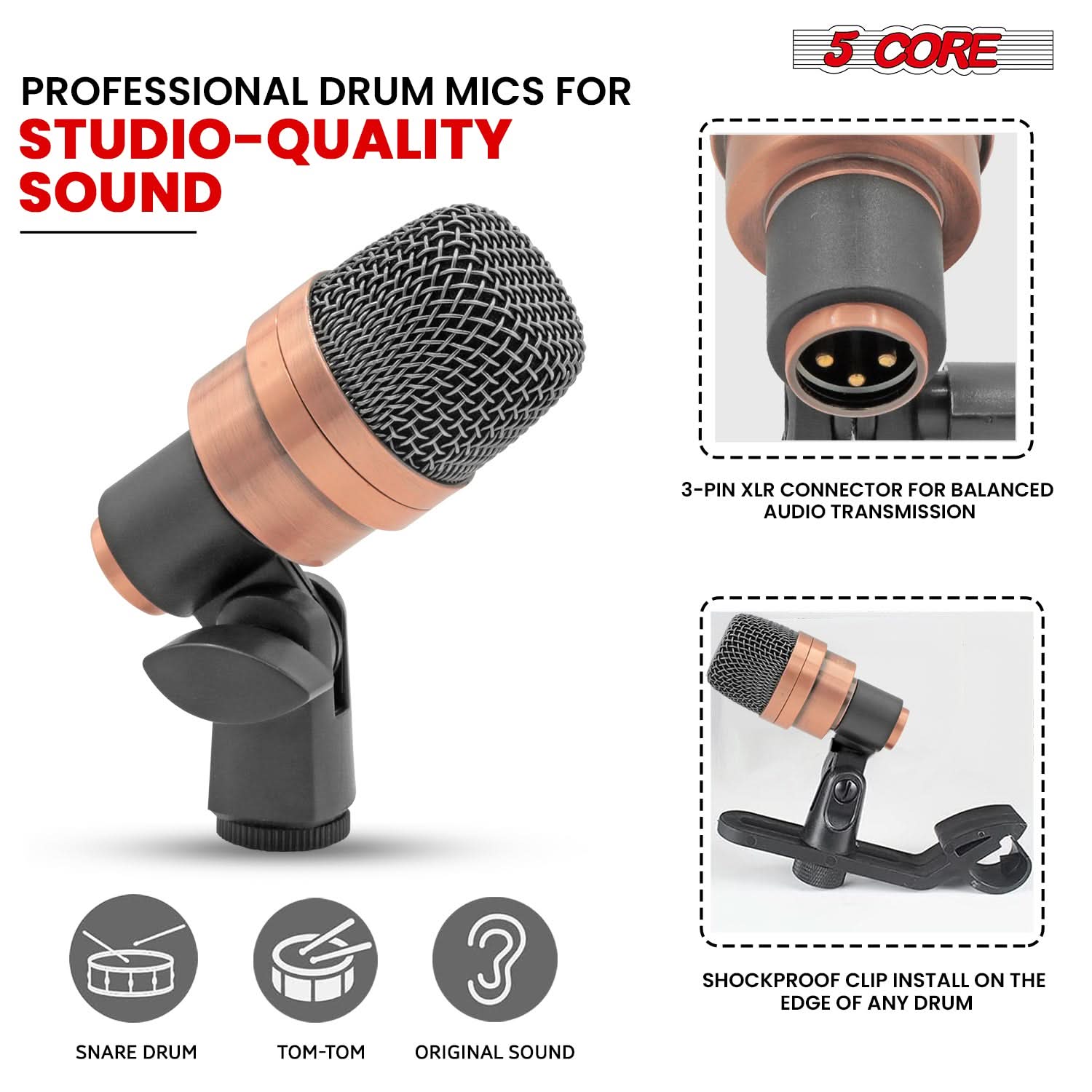 5 CORE Conga Mic Snare Tom Microphone Drum Kit Condenser XLR Instrument ...