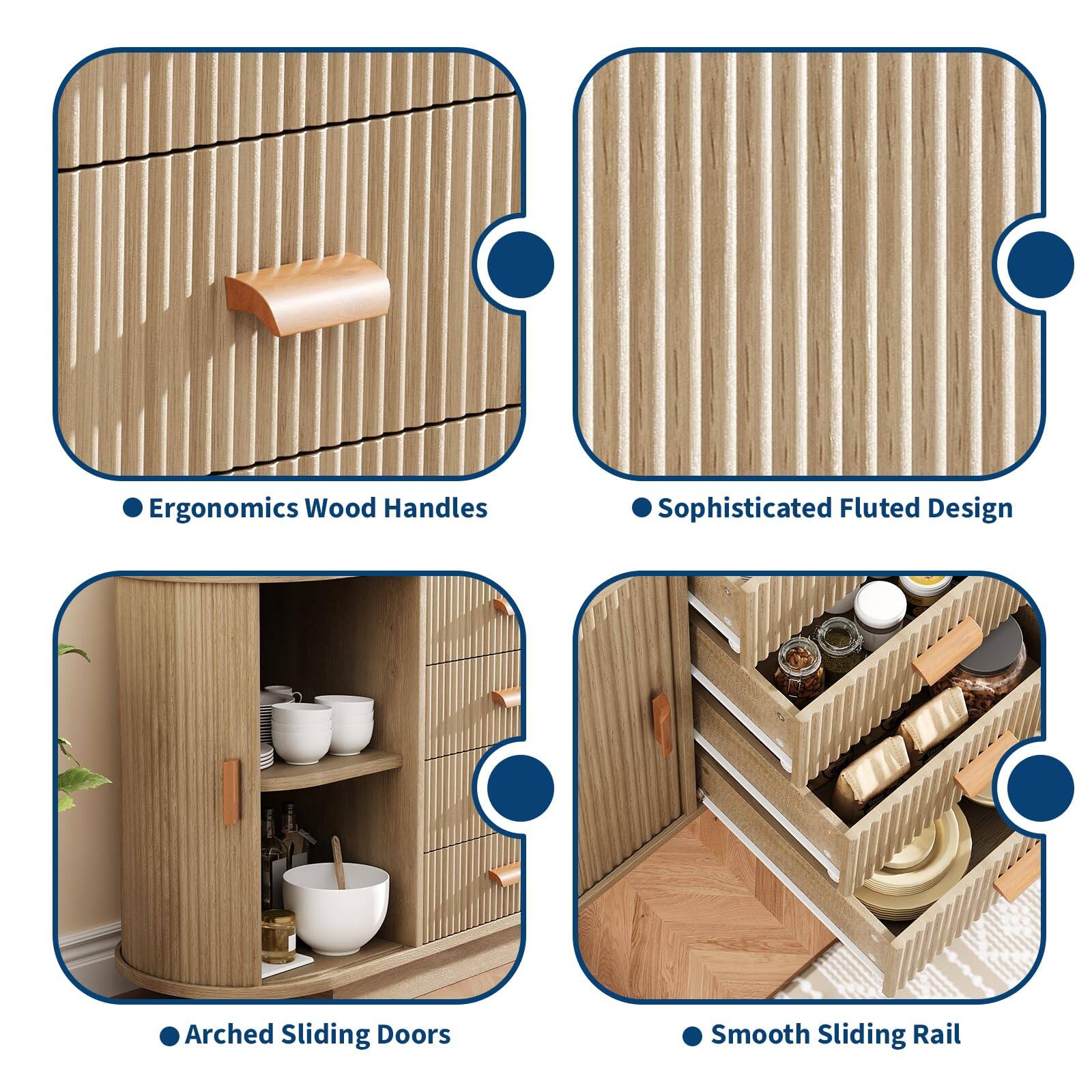 Jojoka 47" Fluted Sideboard Buffet Cabinet with 4 Drawers, 2 Arched ...