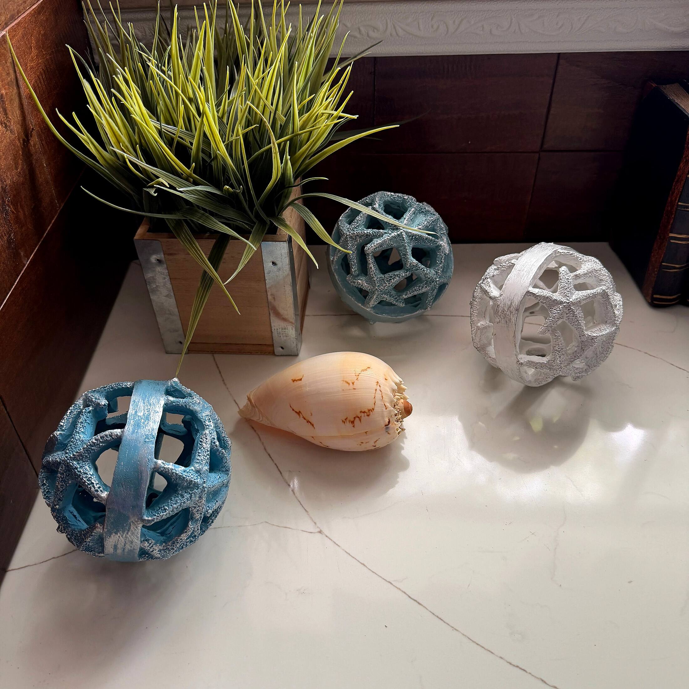Zeckos Decorative Orbs Set of 3 Starfish Coastal Resin 4 in Blue Aqua ...