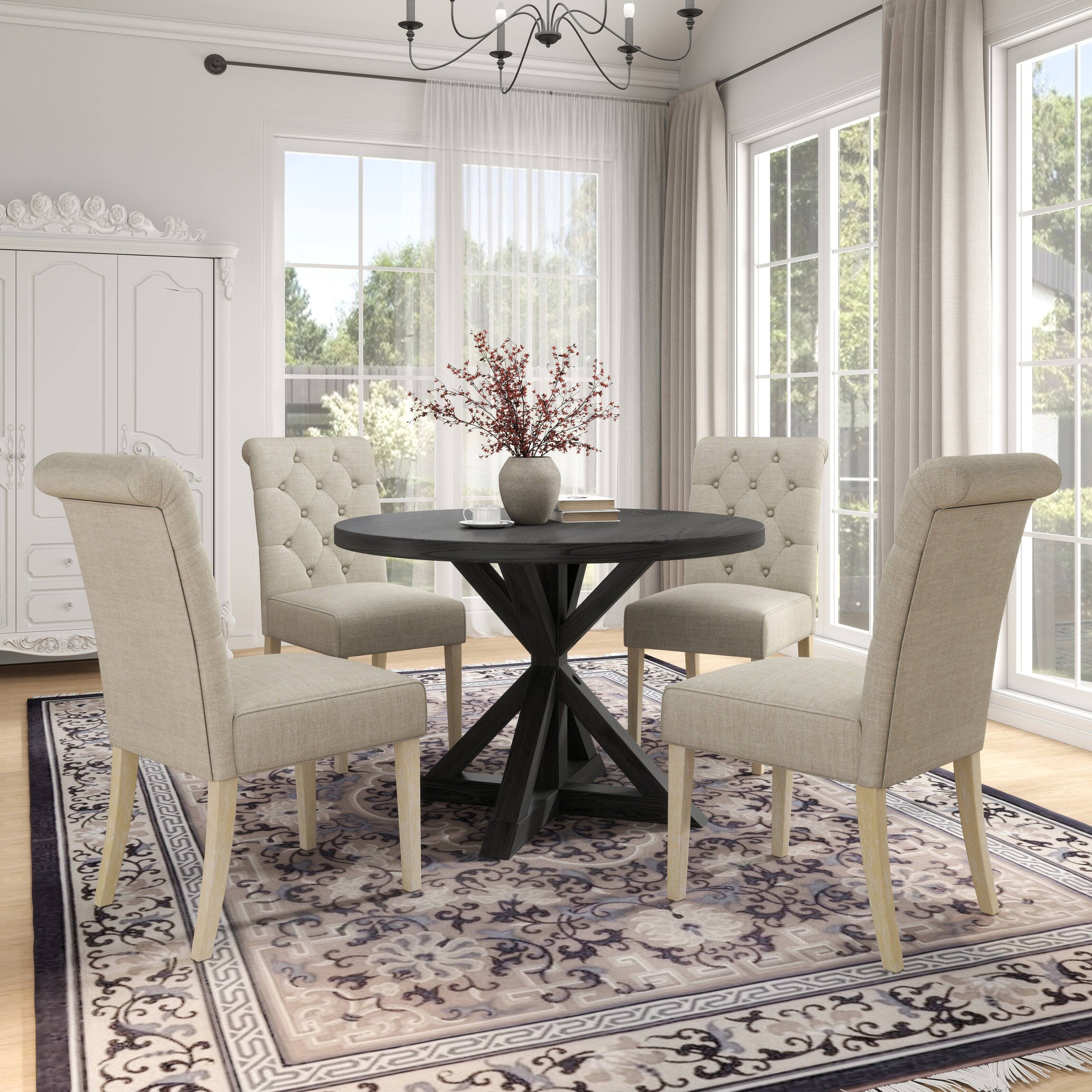 TinyHomie 5 piece Dining Set Cross Buck Round Table with 4 Tufted ...