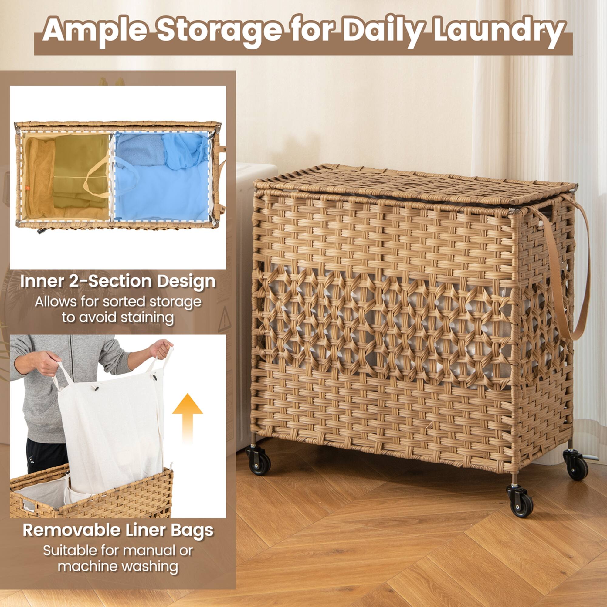 Costway 110L Laundry Hamper with Wheels Clothes Basket Lid & Handle & 2 ...