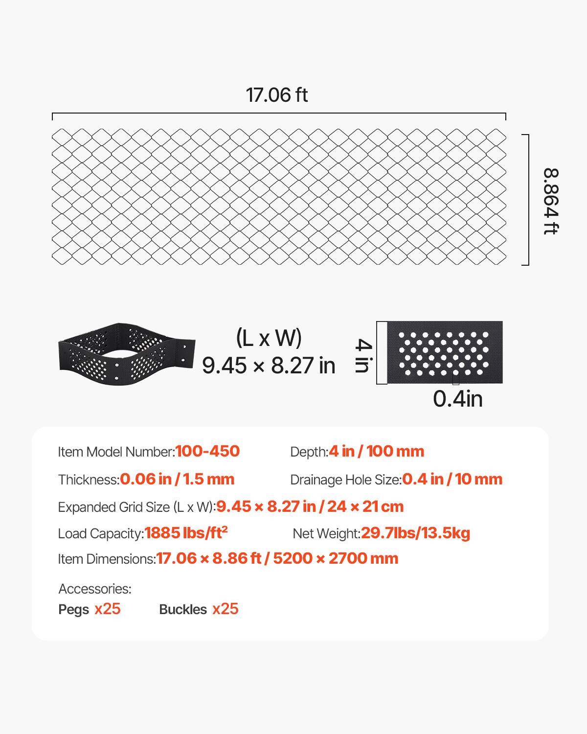 VEVOR Gravel Grid, 4 Inch Depth, 17.06 x 8.86 FT / 5200 x 2700 mm, 1880 ...