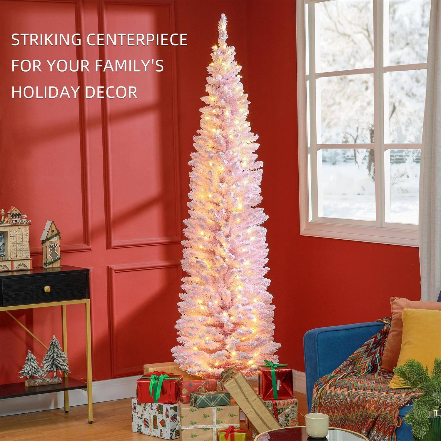 Pefilos 7ft Tall Artificial Pencil Christmas Tree with Slim Snow ...