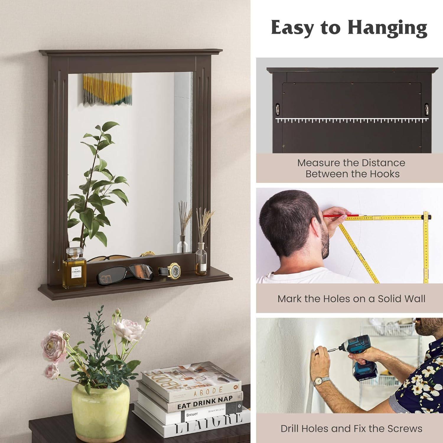 Hivvago 27 in x 22.5 in Bathroom Wall Mirror with Shelf in Dark Wood ...