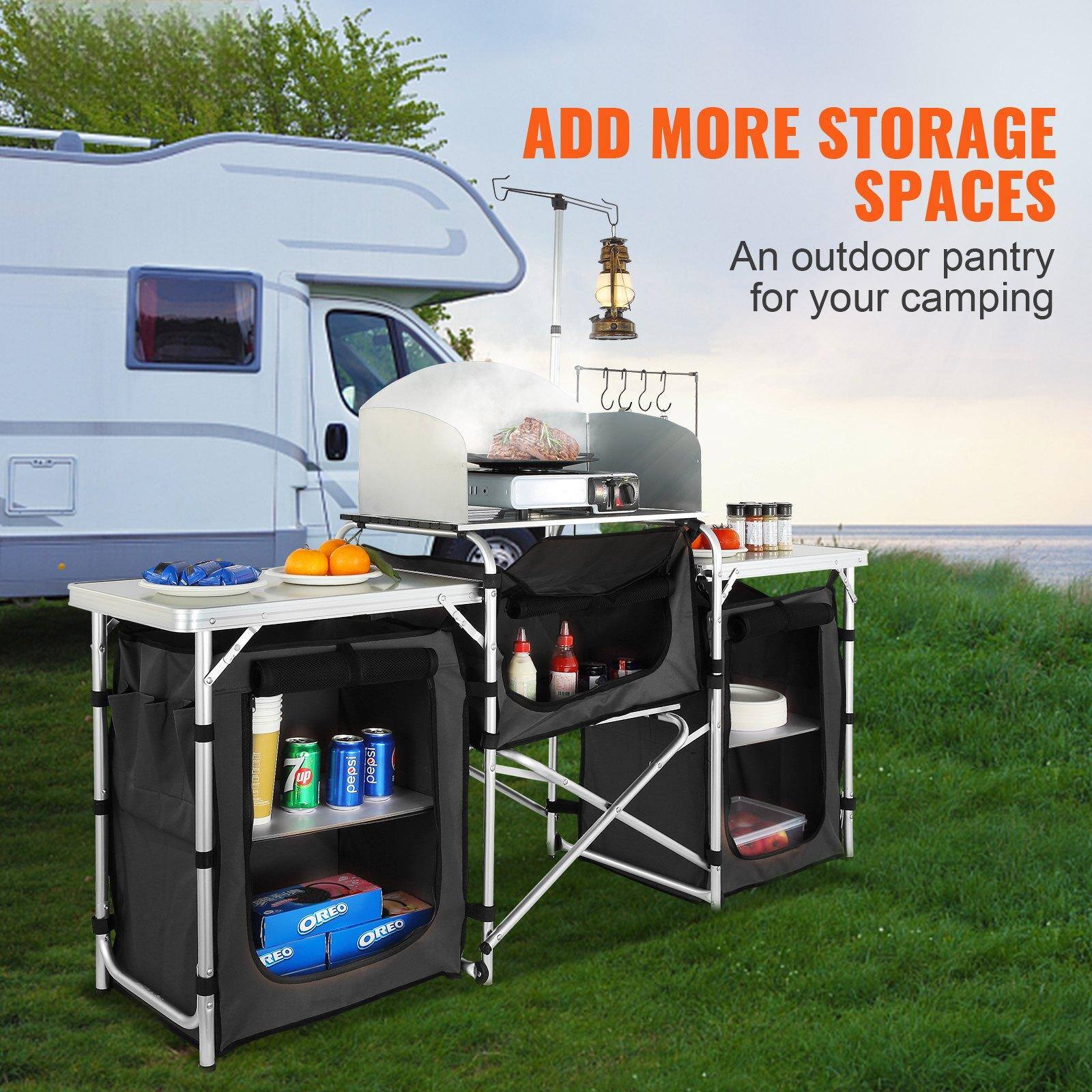 Glintex Portable Folding Camping Kitchen Table with Storage, Windscreen ...