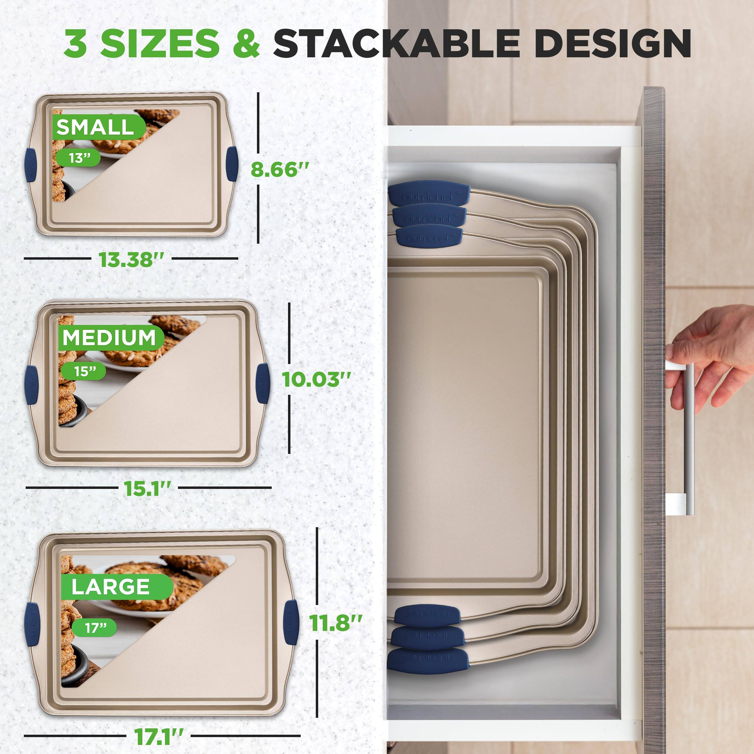 NutriChef 3 Piece Non Toxic Cookie Sheets – Carbon Steel Oven Tray Set ...