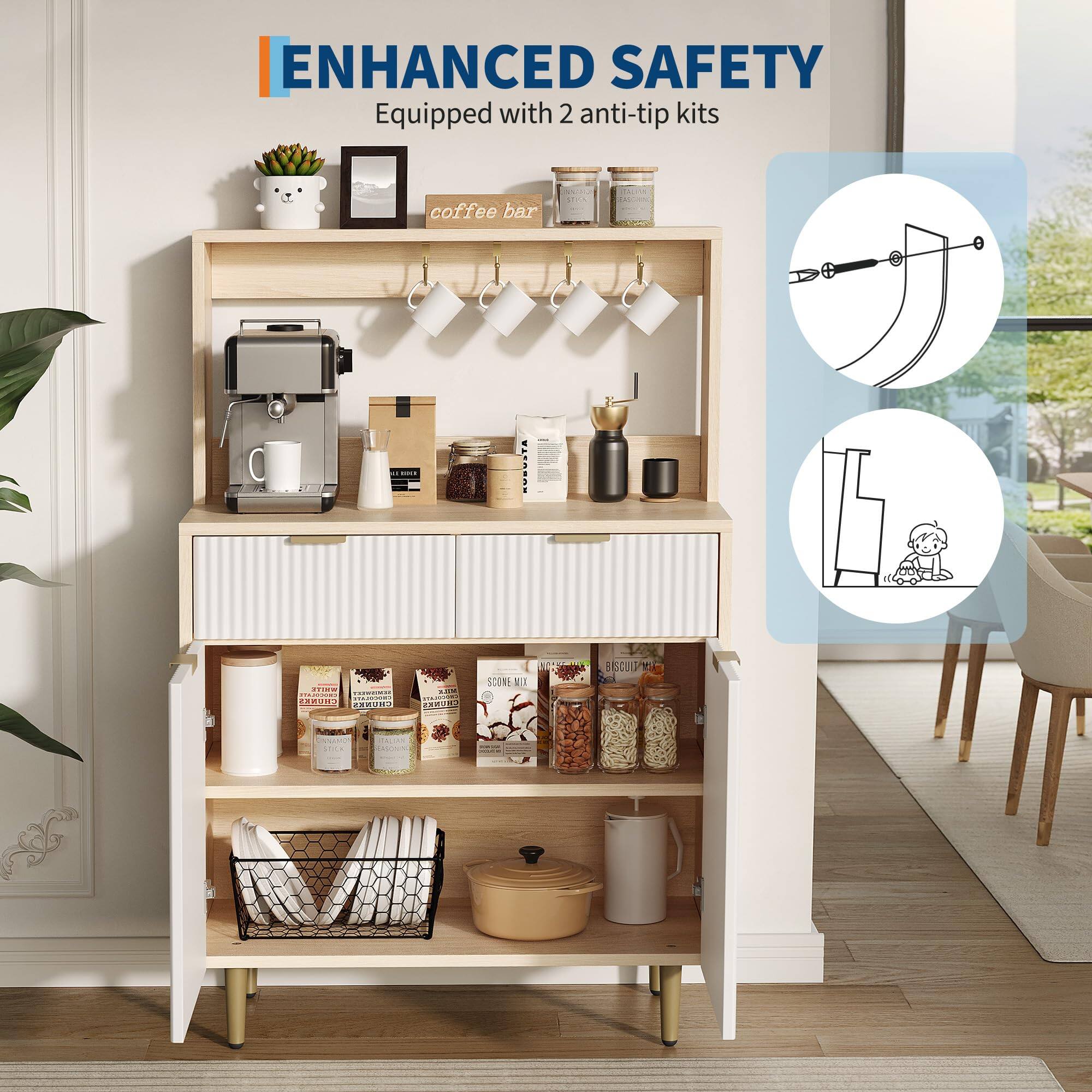 Jojoka Fluted Sideboard Buffet Cabinet with Adjustable Shelves, 2 Drawers, Modern Coffee Bar ...