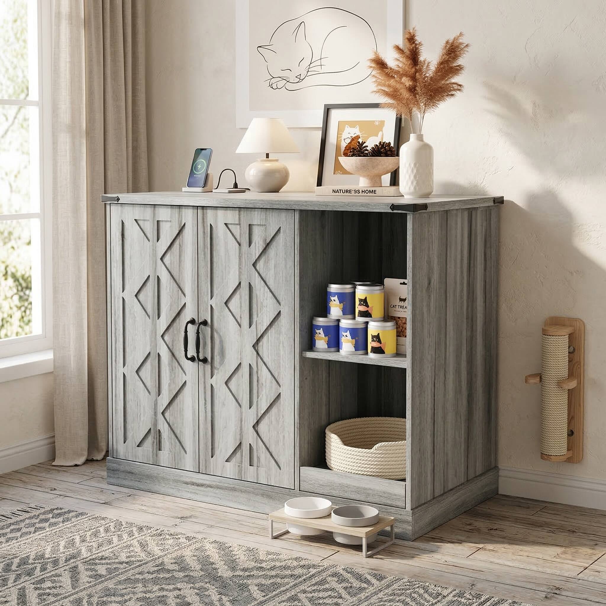 Whisen Cat Litter Box Enclosure Cabinet, MDF Hidden Furniture for Large ...