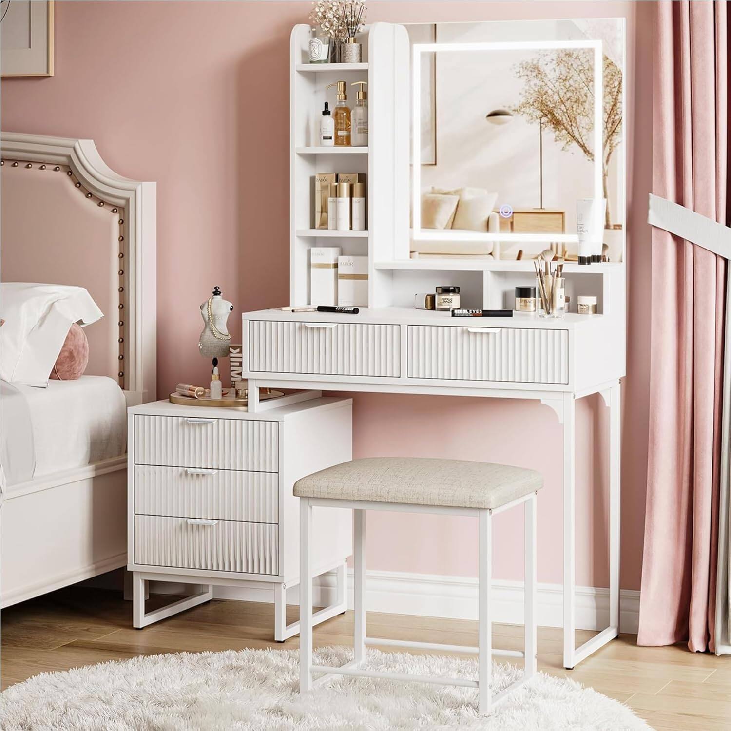 GARVEE Makeup Vanity Set with LED Mirror, Drawers, Chair and Removable ...