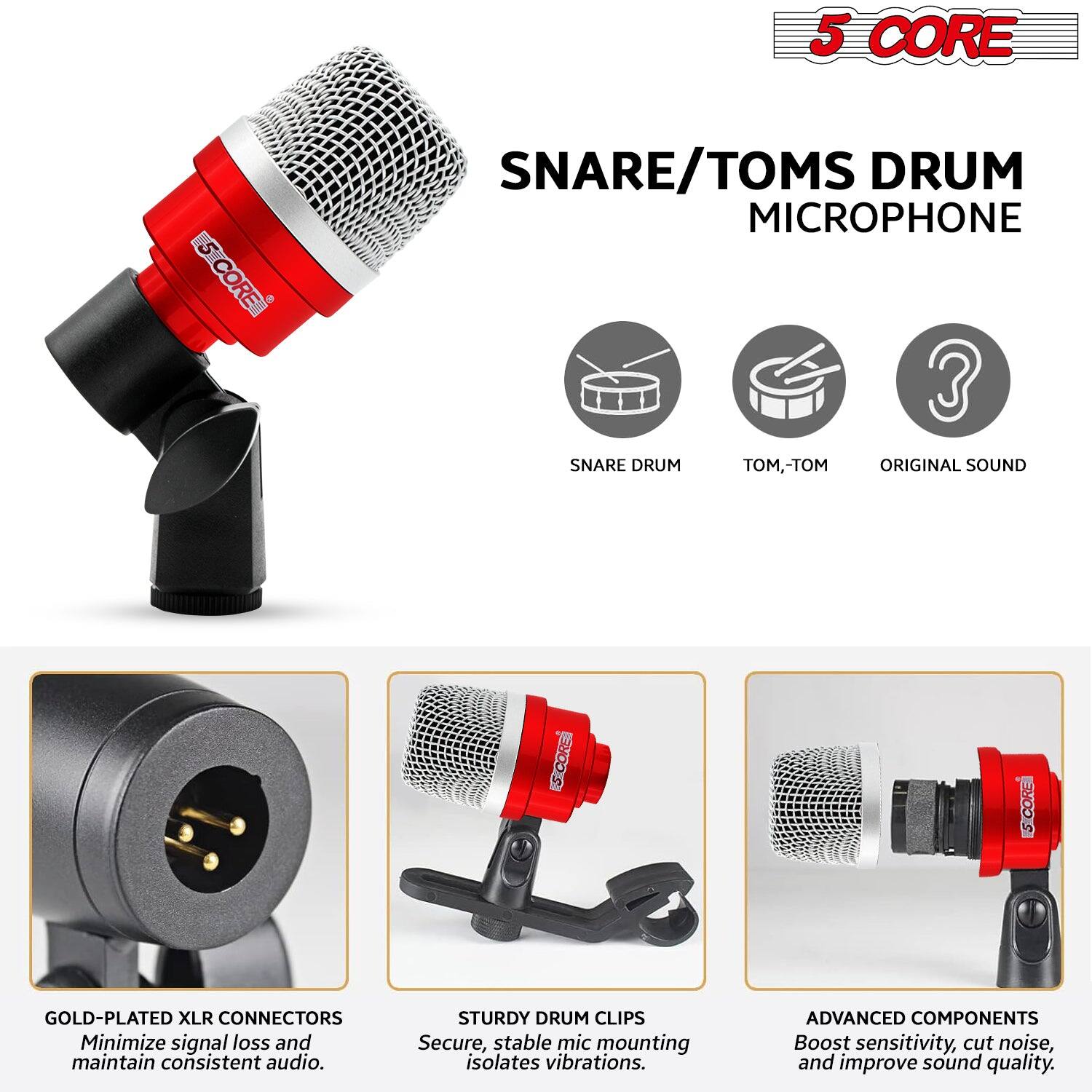 5 CORE Drum Mic Kit 7 Pcs Kick Bass Tom Snare Dynamic Microphone ...