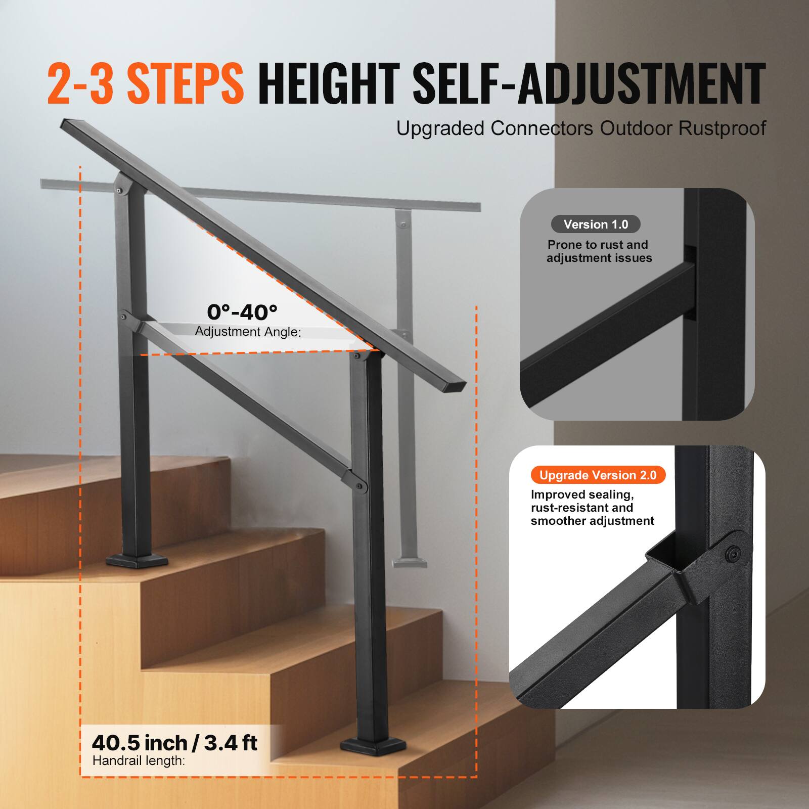 VEVOR Outdoor Handrails for Steps, 2 3 Step Stair Rail Kit, Square Tube ...