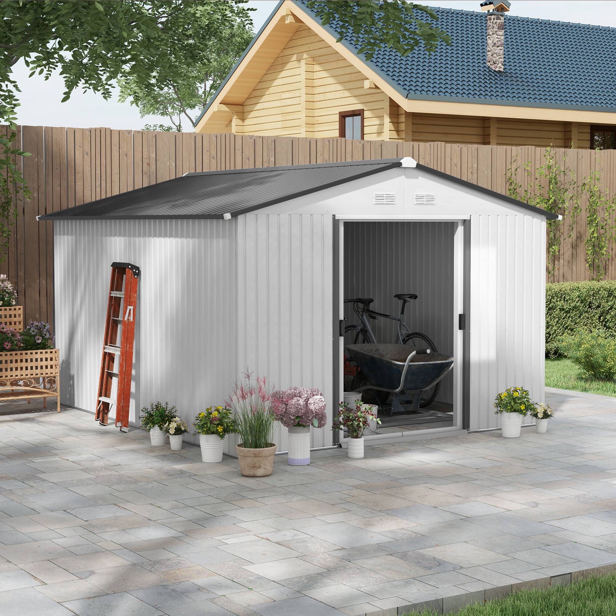 Outsunny 11' x 9' Outdoor Storage Shed, Garden Tool Metal Shed with ...