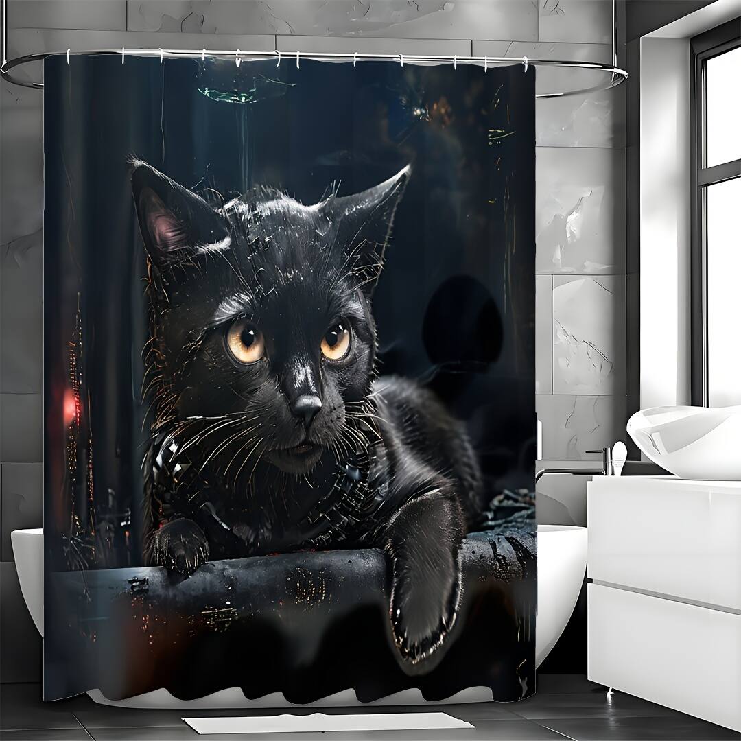 blue 1pcs Cute Cat Shower Curtain, Waterproof Shower Curtain With 12 ...
