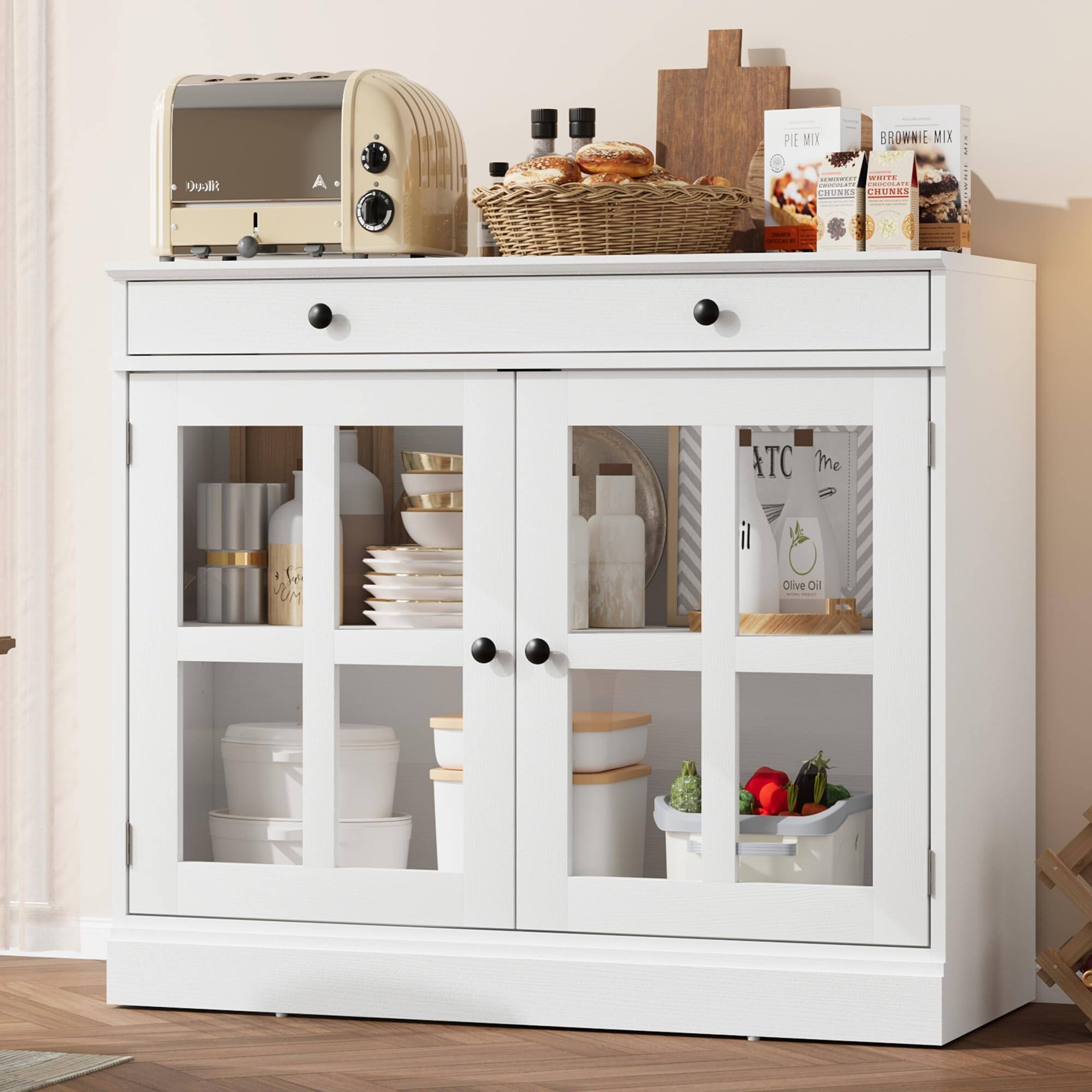 Homhougo 35.4" Kitchen Coffee Bar Cabinet – Modern Sideboard w/ Glass ...