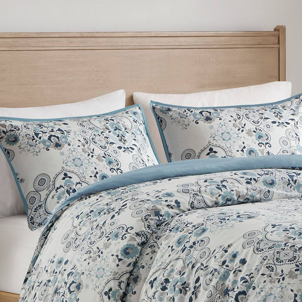 Gracie Mills Candice 3 Piece Floral Printed Cotton Duvet Cover Set Blue ...