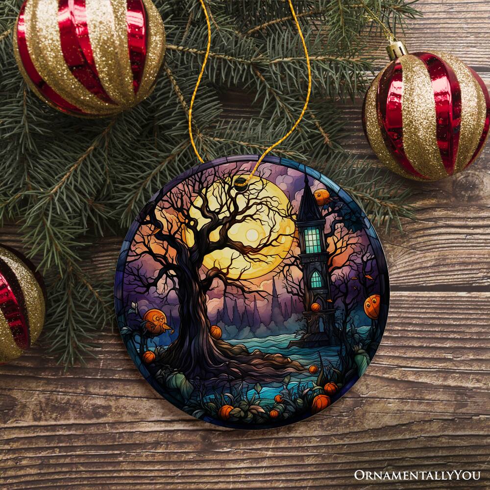 OrnamentallyYou Spooky Tree Haunted House Stained Glass Style Ceramic ...