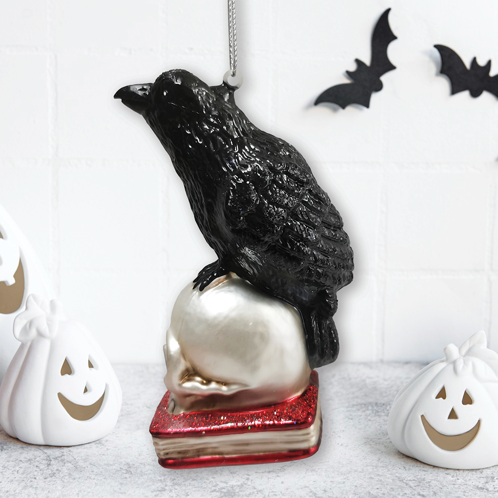 OrnamentallyYou Raven on Skull and Book Glass Ornament Horror Edgar ...
