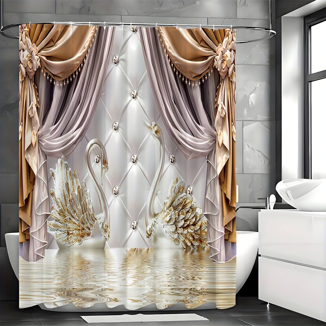 blue 1 Piece Gold Floral Swan Print Shower Curtain Set with Hooks ...