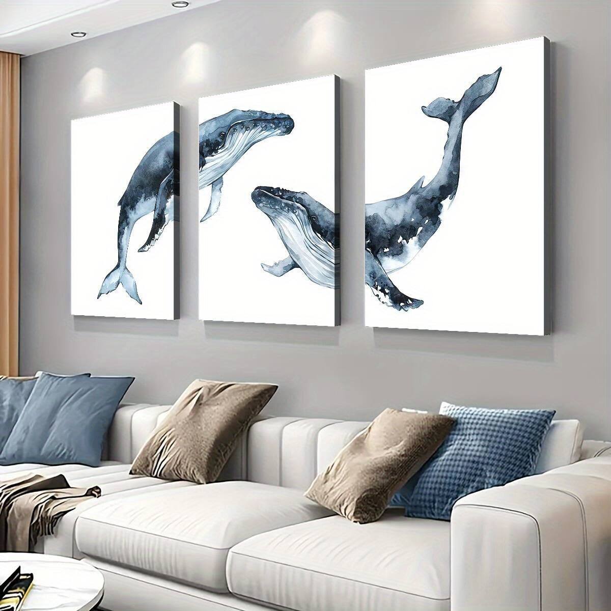 blue 3 Piece Set, Humpback Whale Canvas Wall Art, 3D Wooden Frame ...