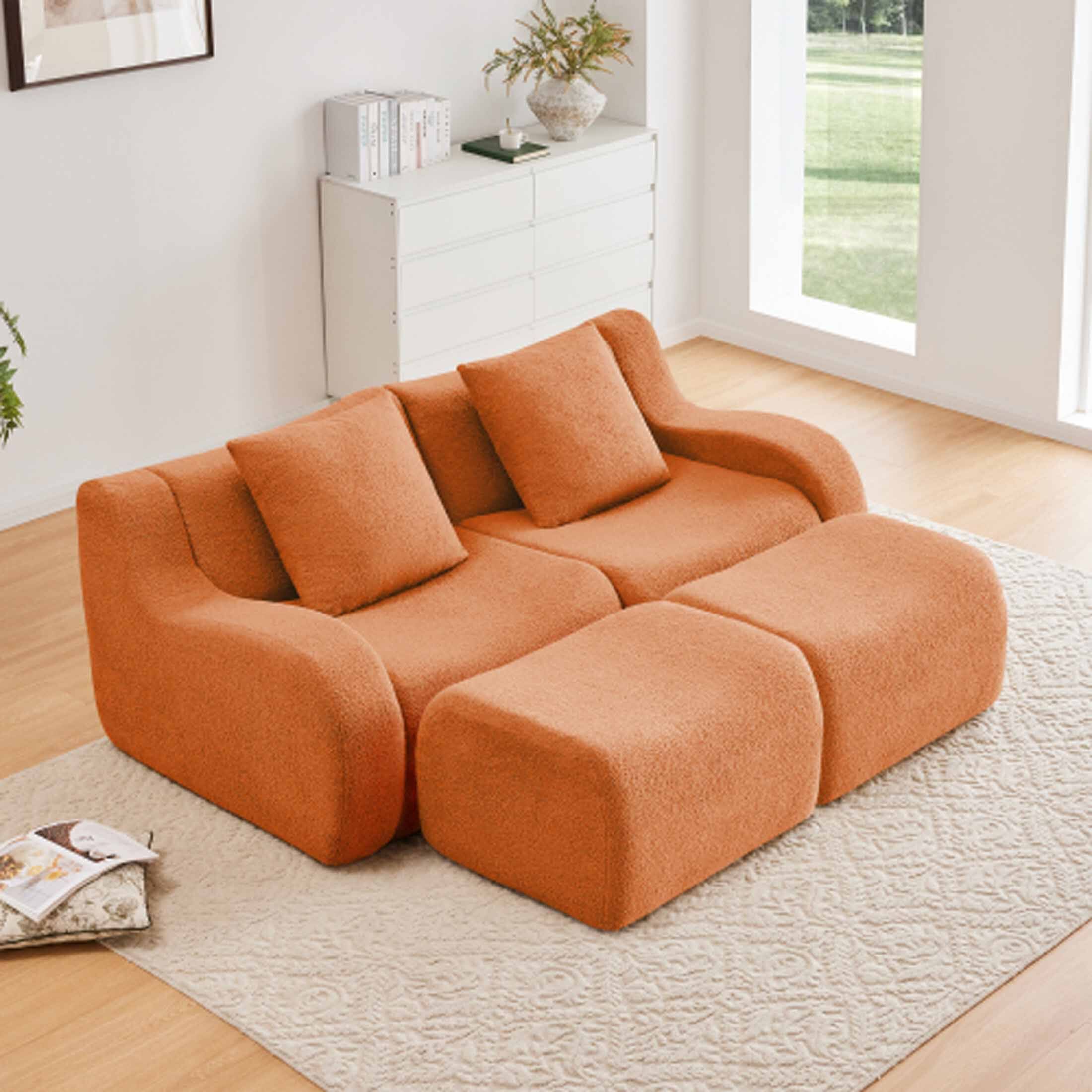 Aukfa Modular Teddy Fabric Sofa 2 Seat Sectional with 2 Ottomans, Soft ...