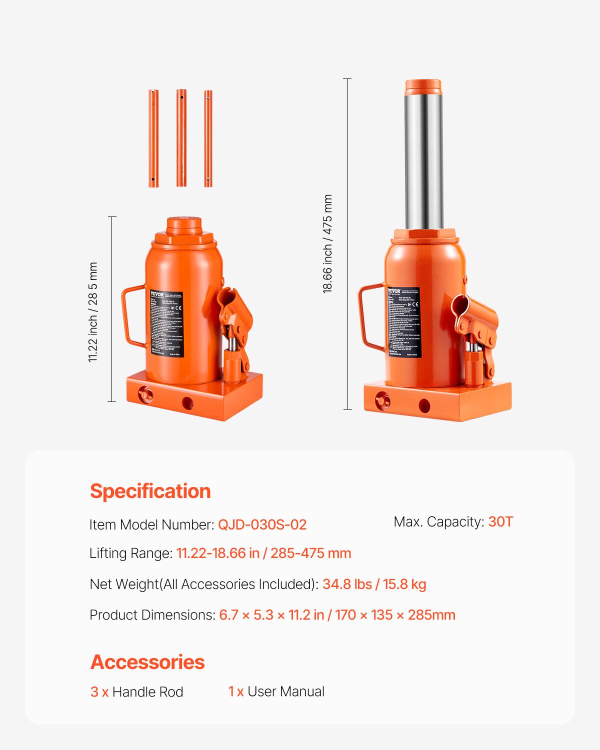 VEVOR Hydraulic Bottle Jack, 30 Ton/66138 lbs Welded Bottle Jack with ...