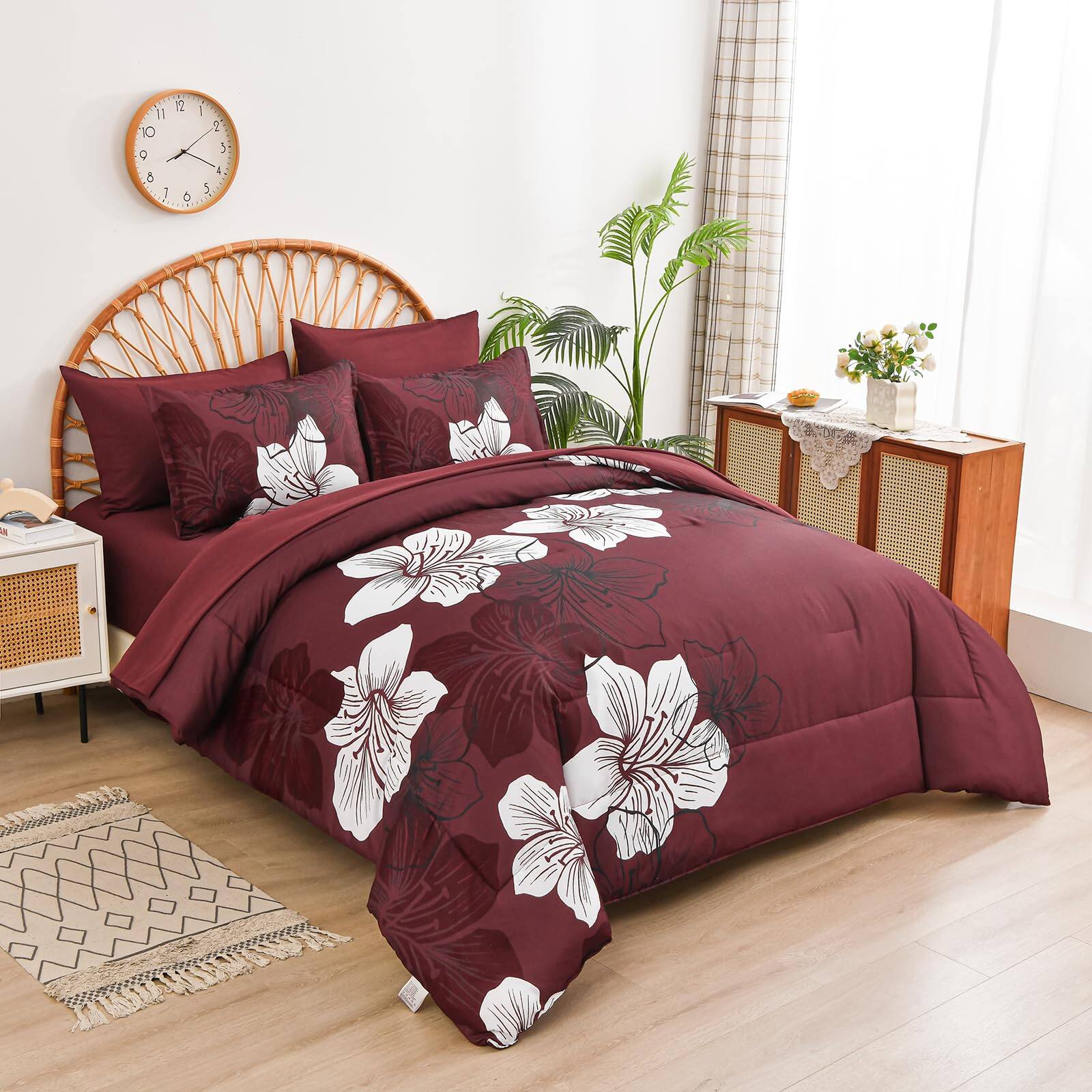 Paradigms Interiors 7 Pieces Size Comforter Set Burgundy Floral Bed In ...