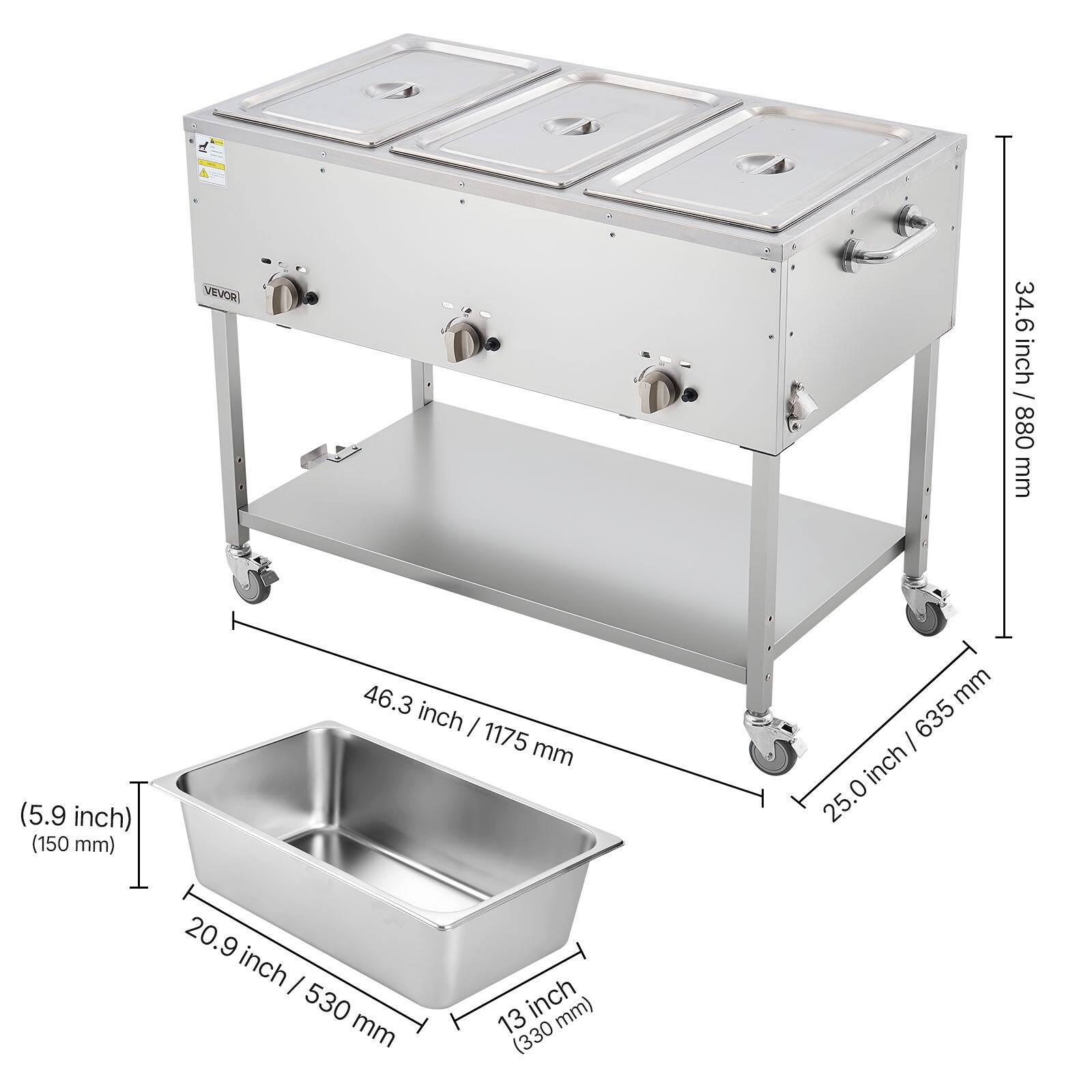 VEVOR 3 Pan Commercial Propane Steam Table, LP Gas Outdoor Soup Warmer ...