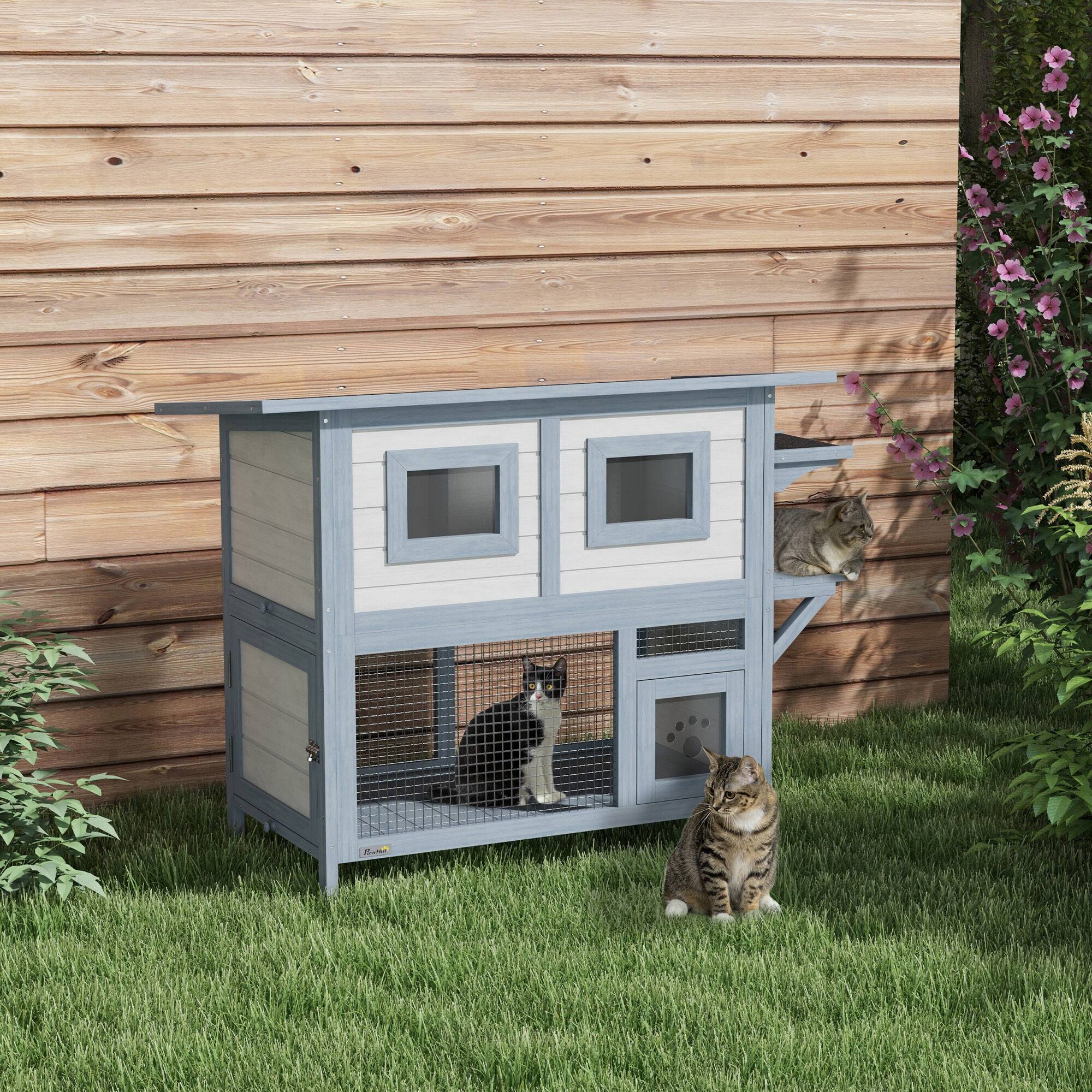 Pawhut Outdoor Cat House Weatherproof, 2 Story, Escape Door, Asphalt ...
